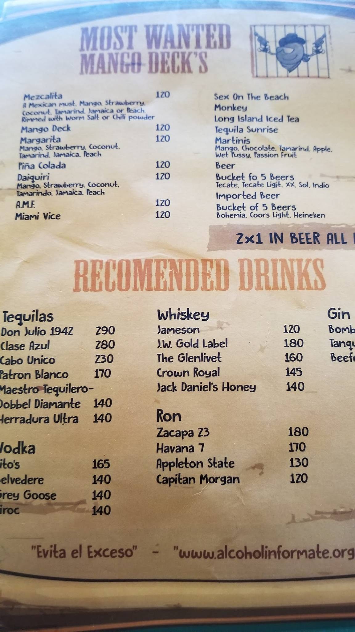Menu at Mango Deck pub & bar, Cabo San Lucas, Playa El Medano S/N