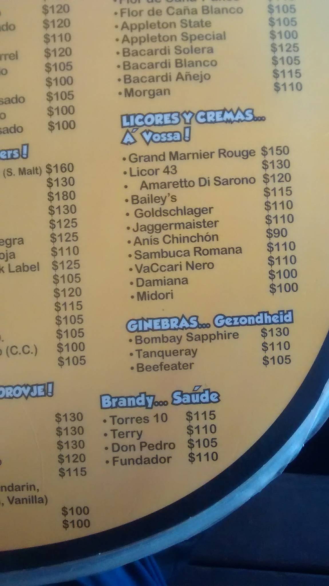 Menu at Mango Deck pub & bar, Cabo San Lucas, Playa El Medano S/N