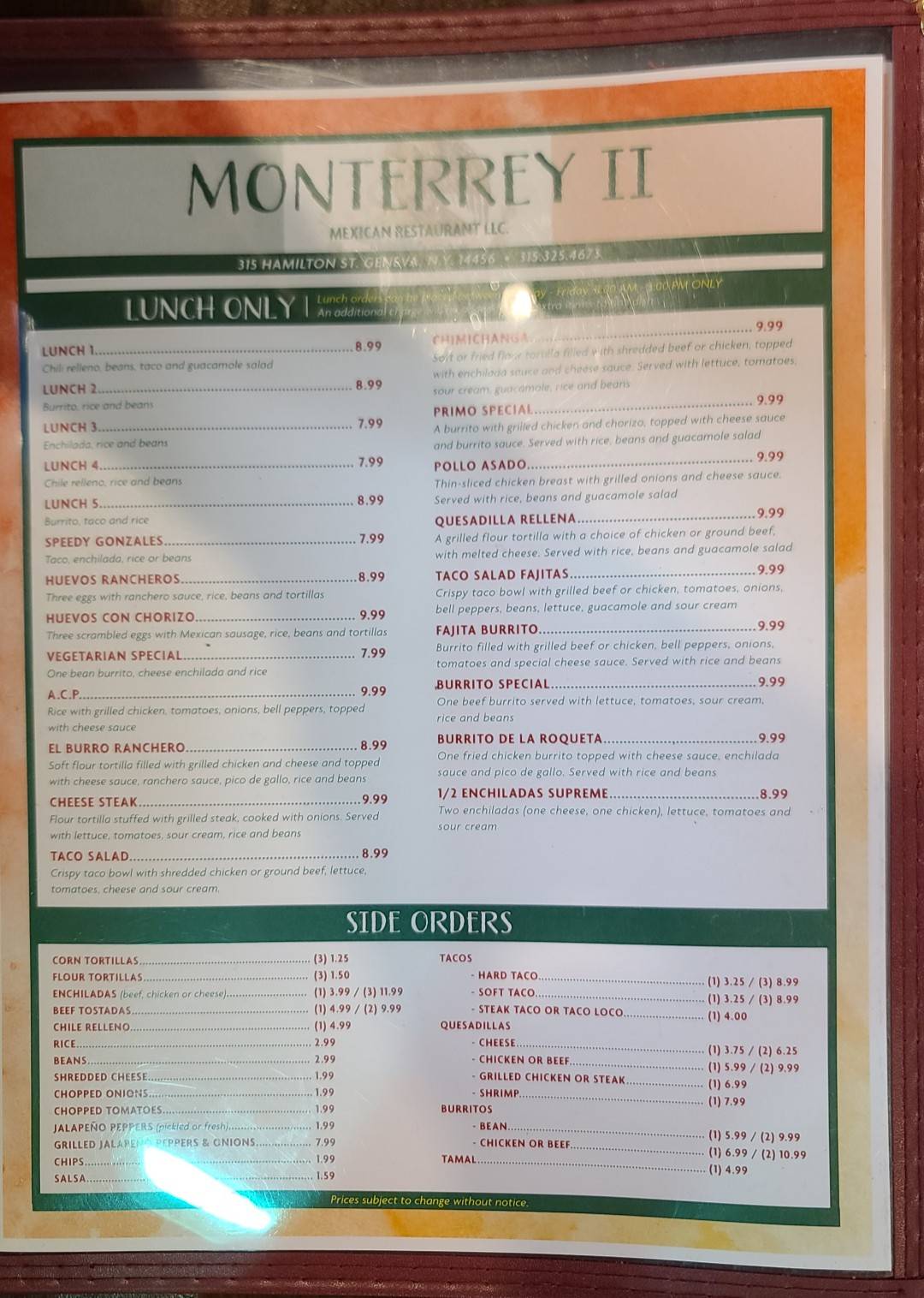 Menu at Monterrey Mexican Restaurant II, Geneva