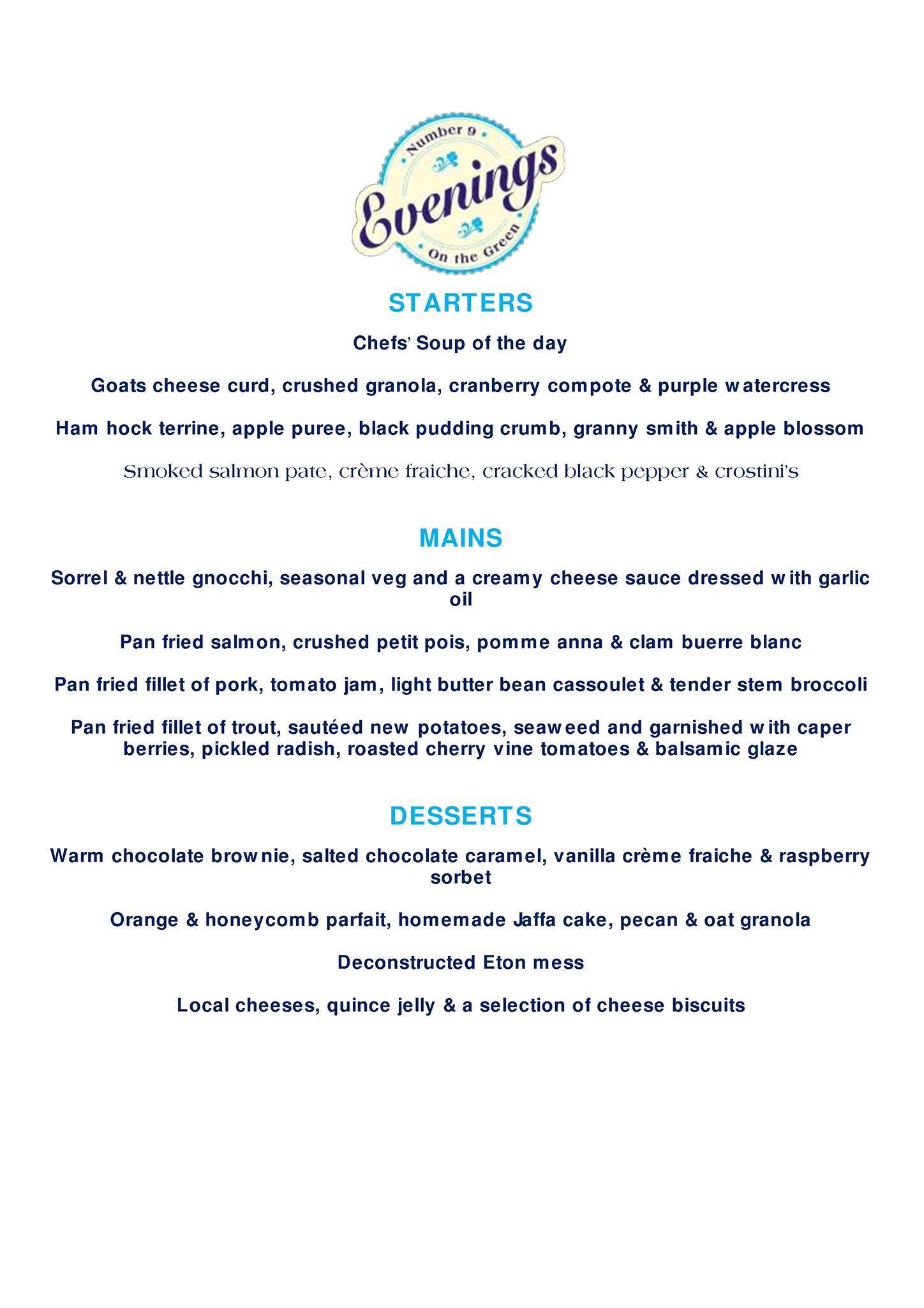 Menu at Number 9 on the green pub & bar, Wimborne Minster
