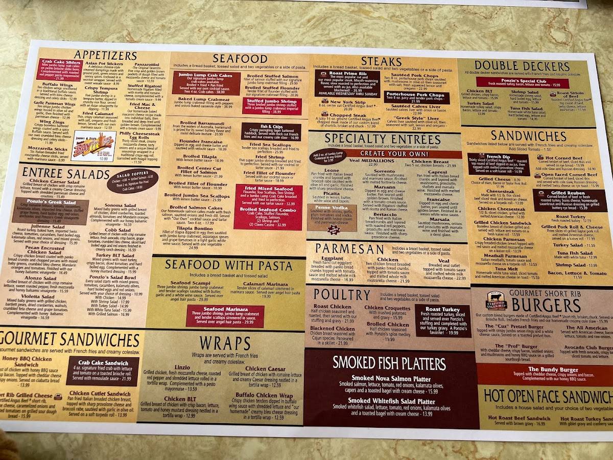Menu at Ponzio's Diner-Bakery-Bar, Cherry Hill