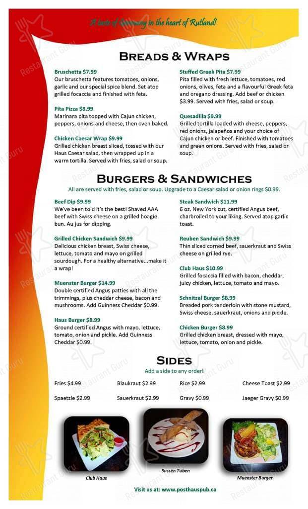 Menu at Post Haus Pub, Kelowna
