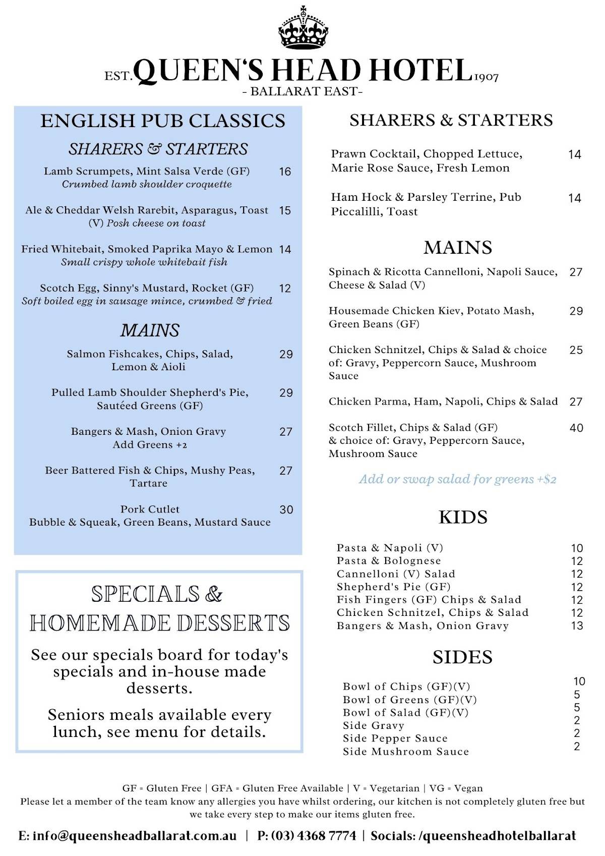 Menu at Queens Head Hotel pub & bar, Ballarat East, 146 Humffray St N