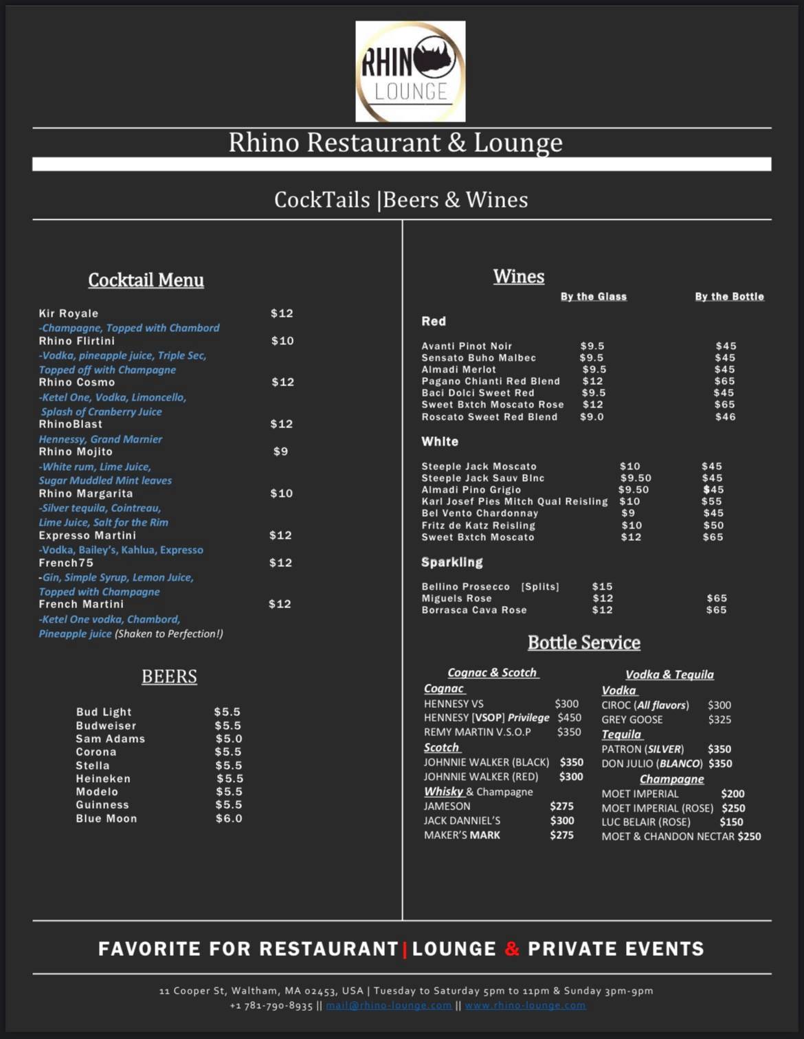 Menu at RHINO RESTAURANT & LOUNGE, Waltham