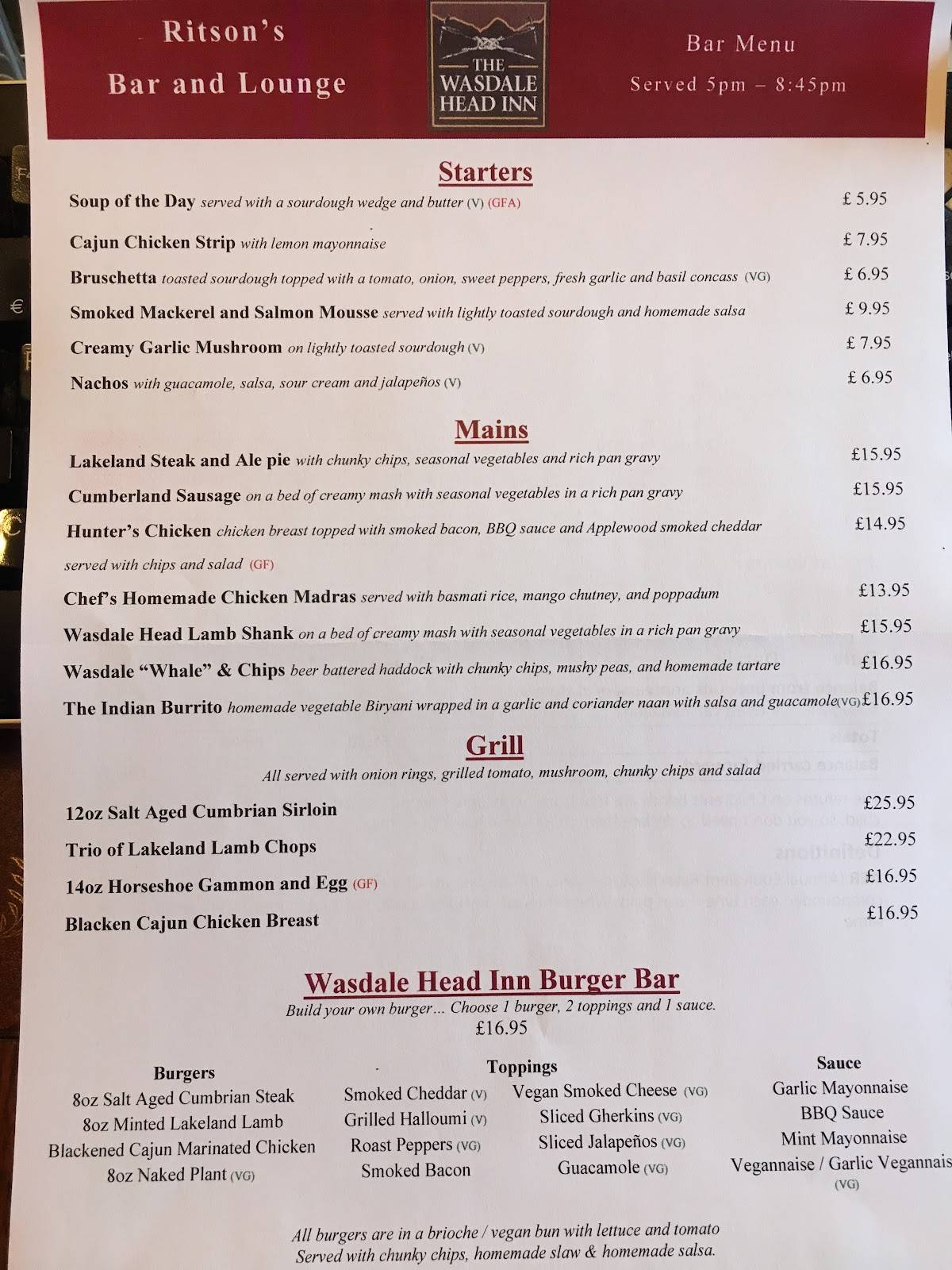 Menu at Ritson's Bar (Wasdale Head Inn), Wasdale Head