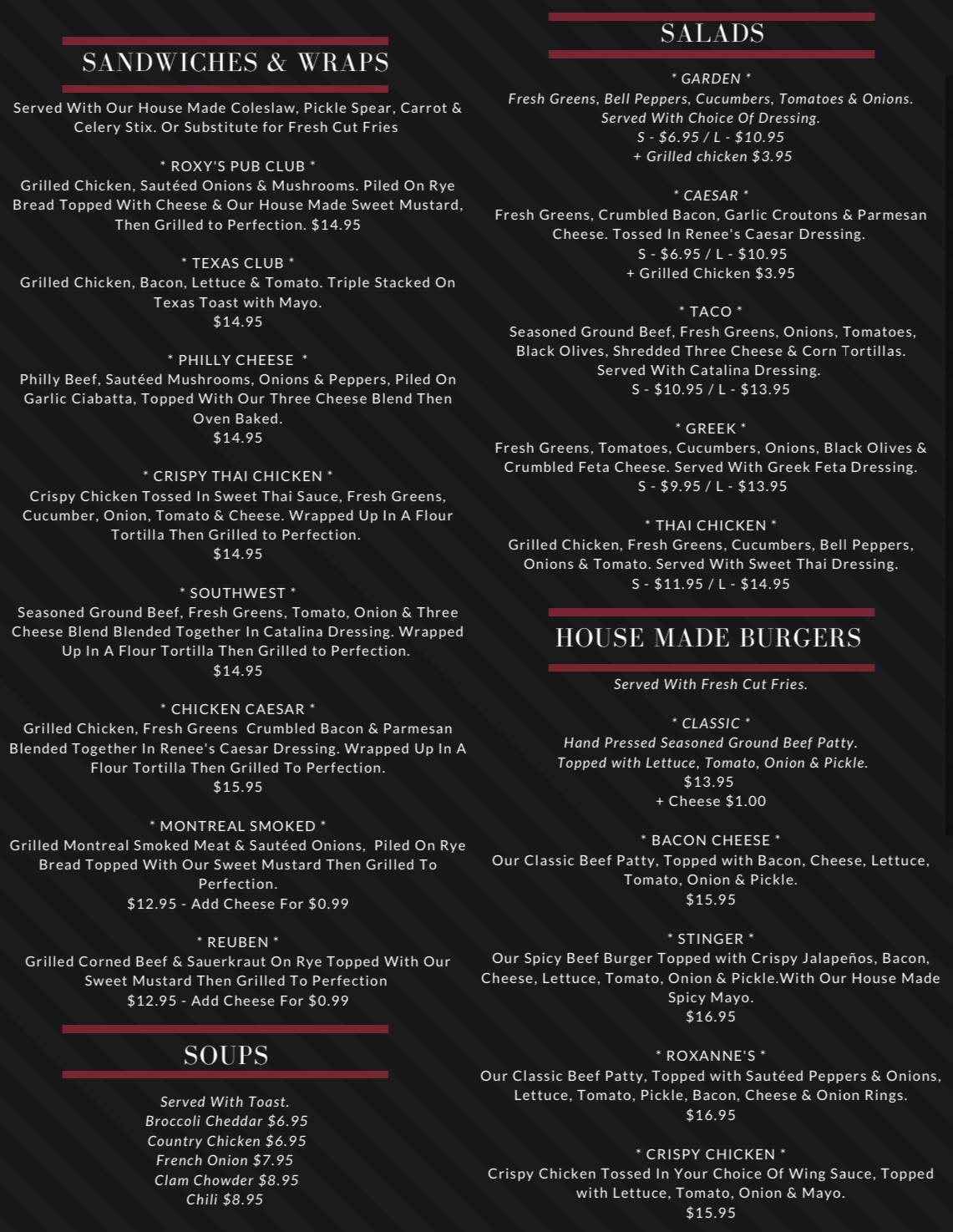 Menu at Roxy's Tap &Grill pub & bar, Brantford