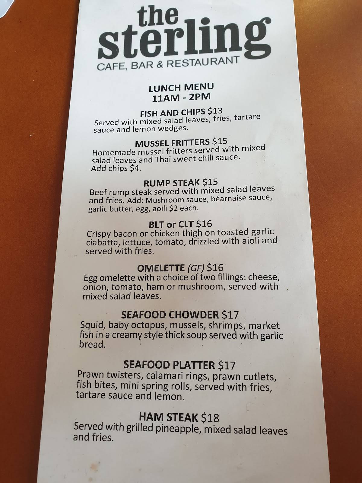 Menu at Sterling Tavern pub & bar, Waihi