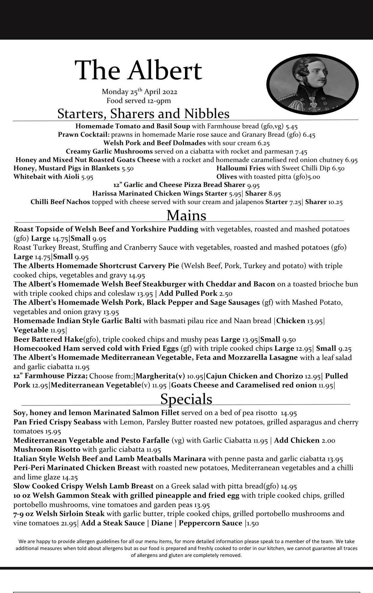 Menu at The Albert pub & bar, Llandudno