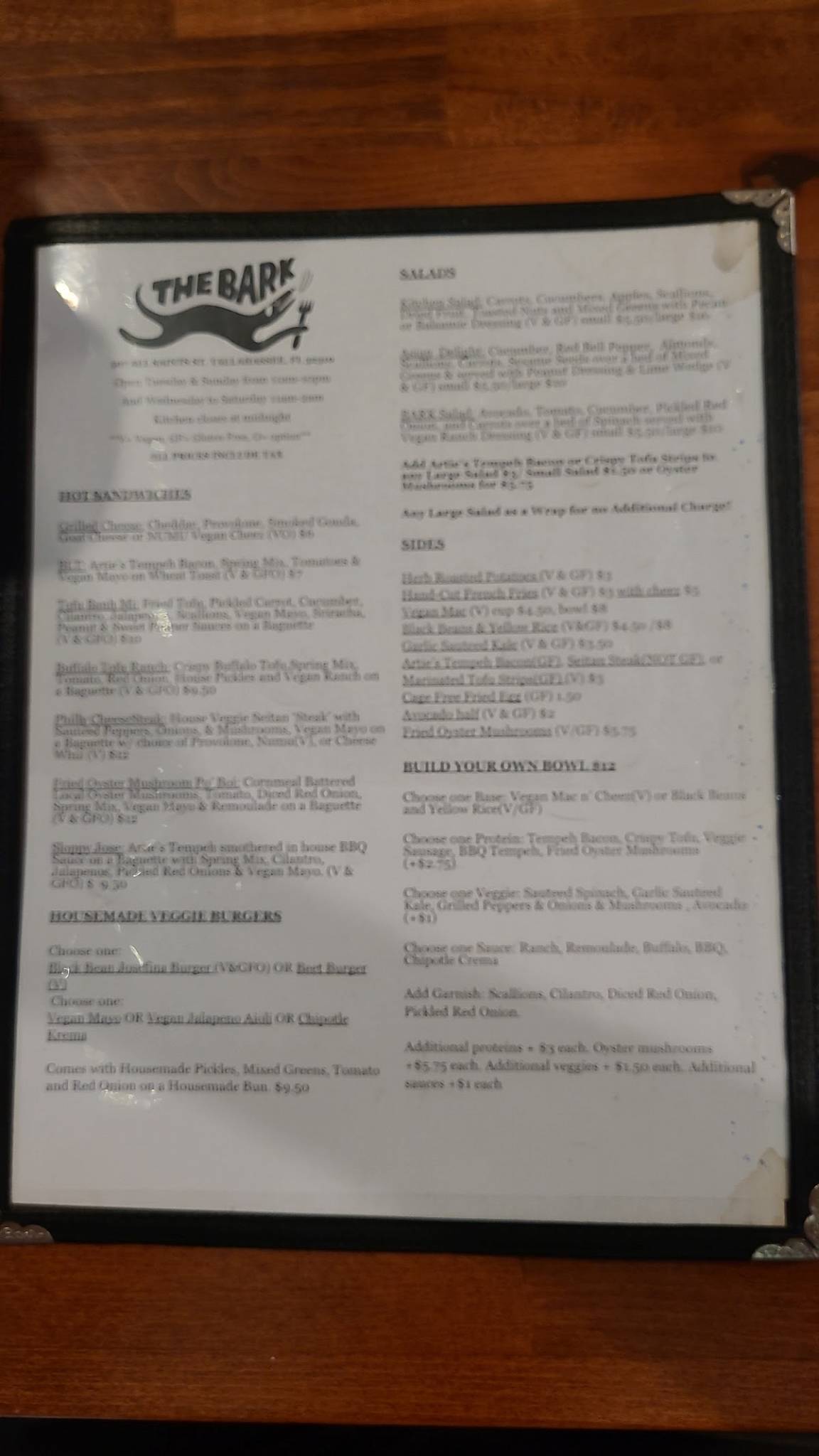 Menu at The Bark, Tallahassee