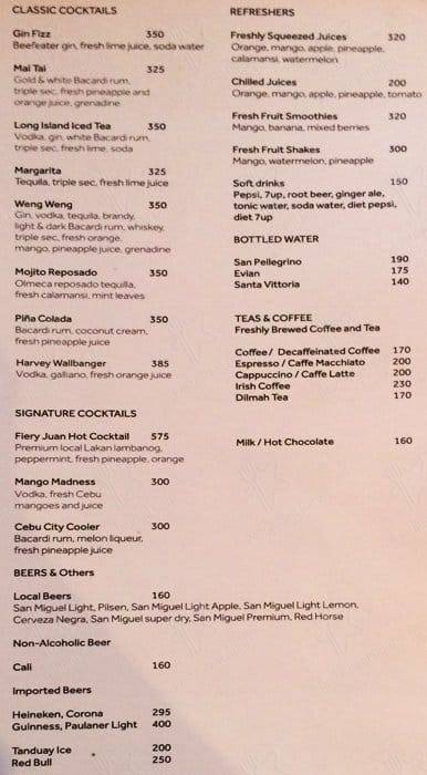 Carta del pub y bar The Great Room - Marriott Hotel, Cebú
