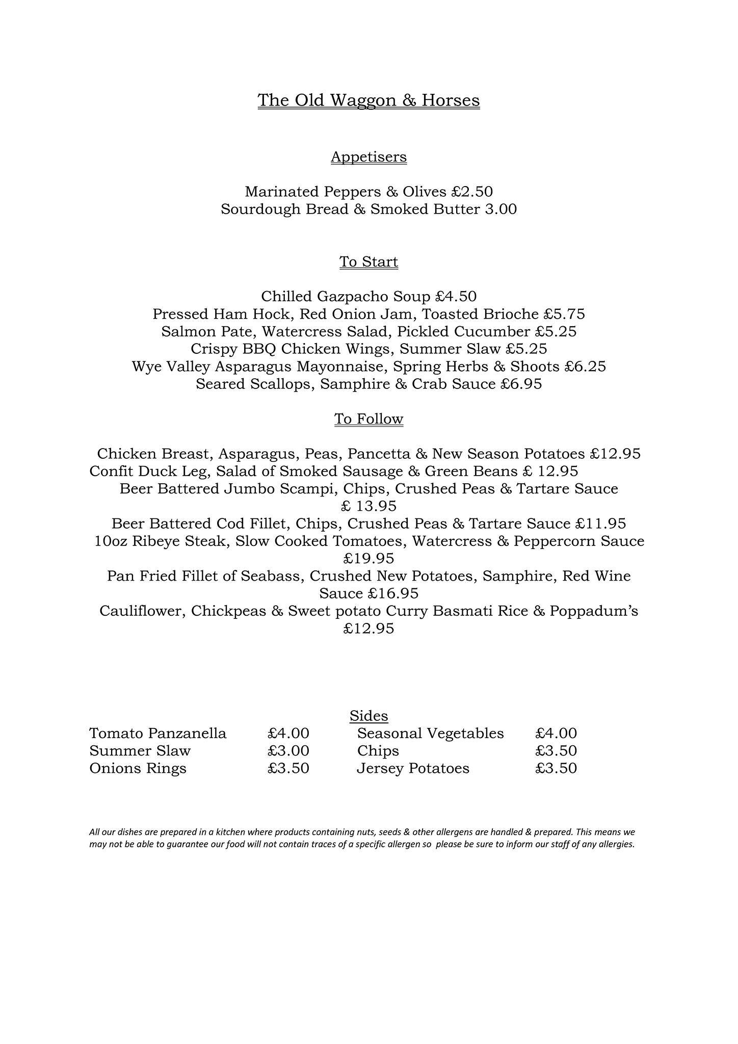 Menu at The Old Waggon and Horses 1812 pub & bar, Kidderminster, The ...