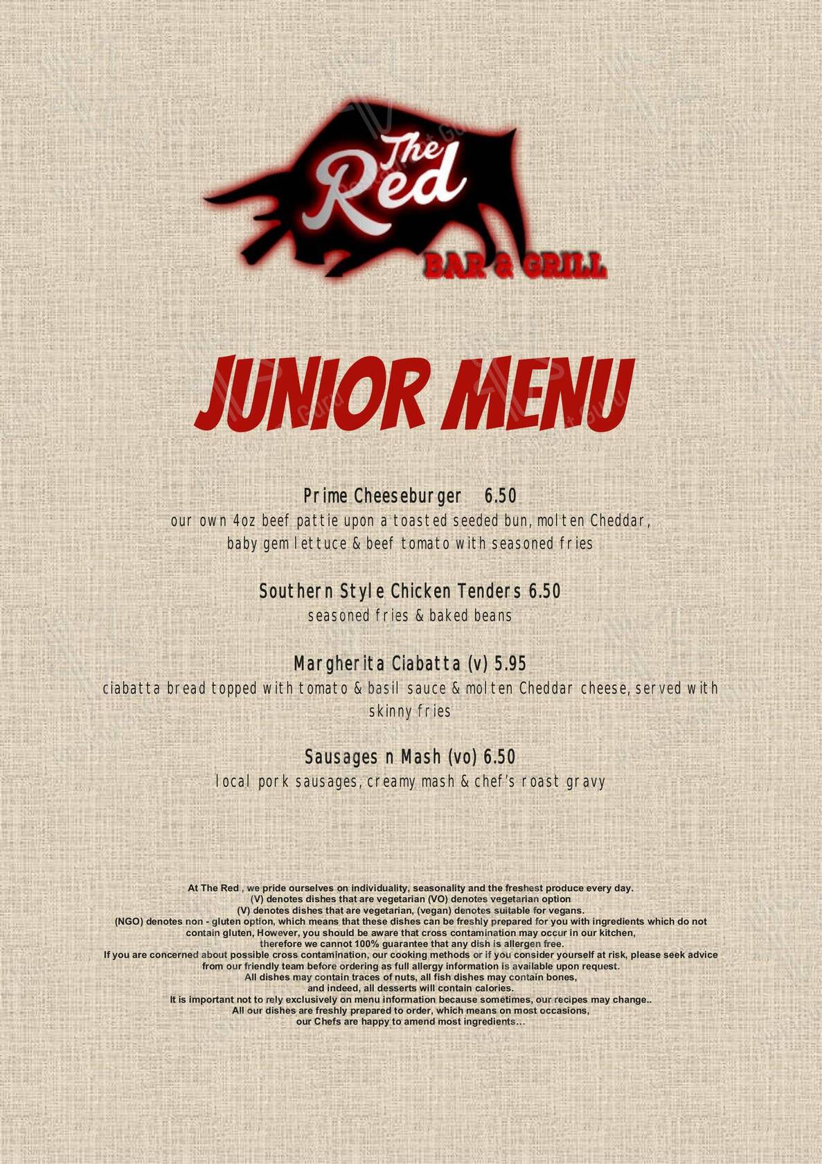 Menu at The Red Bar & Grill, Mansfield