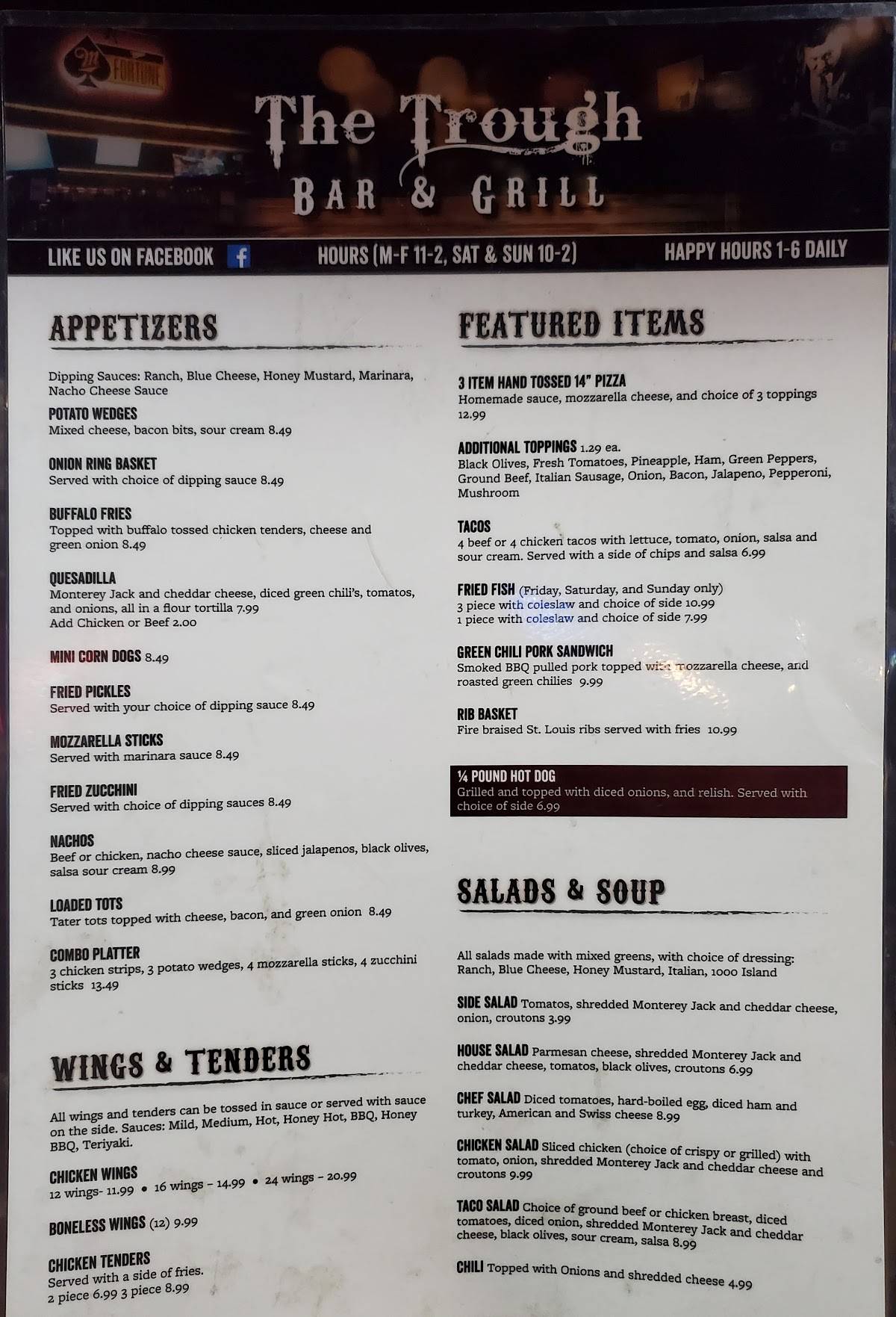 Menu at The Trough pub & bar, Mesa