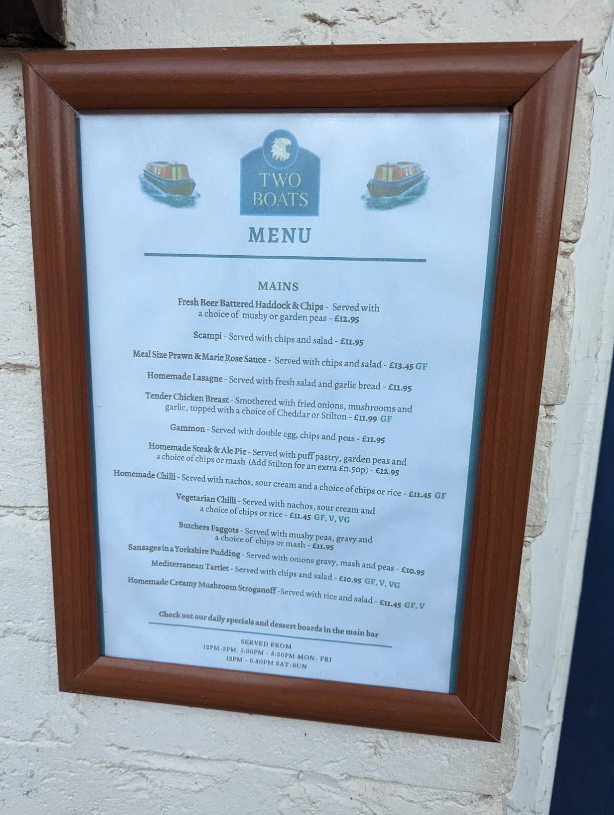 Menu at The Two Boats Inn pub & bar, Long Itchington