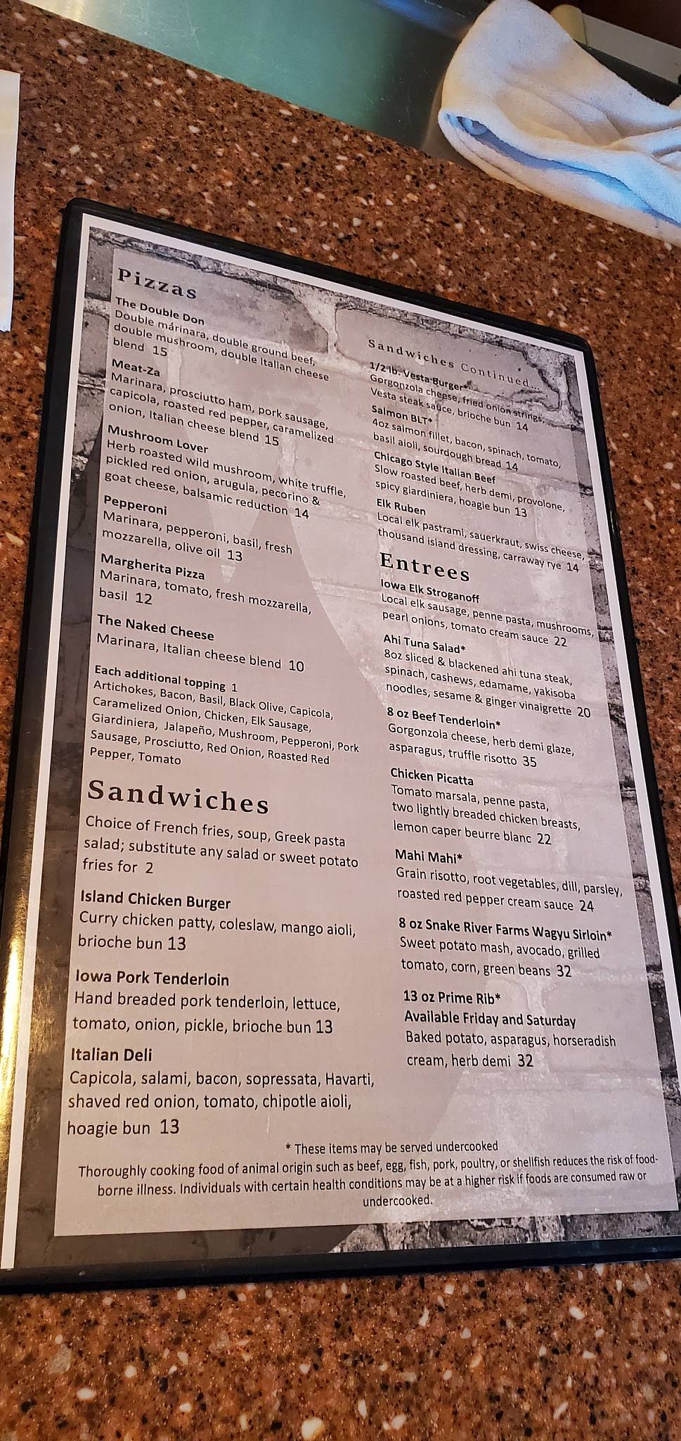 Menu at Vesta restaurant, Coralville