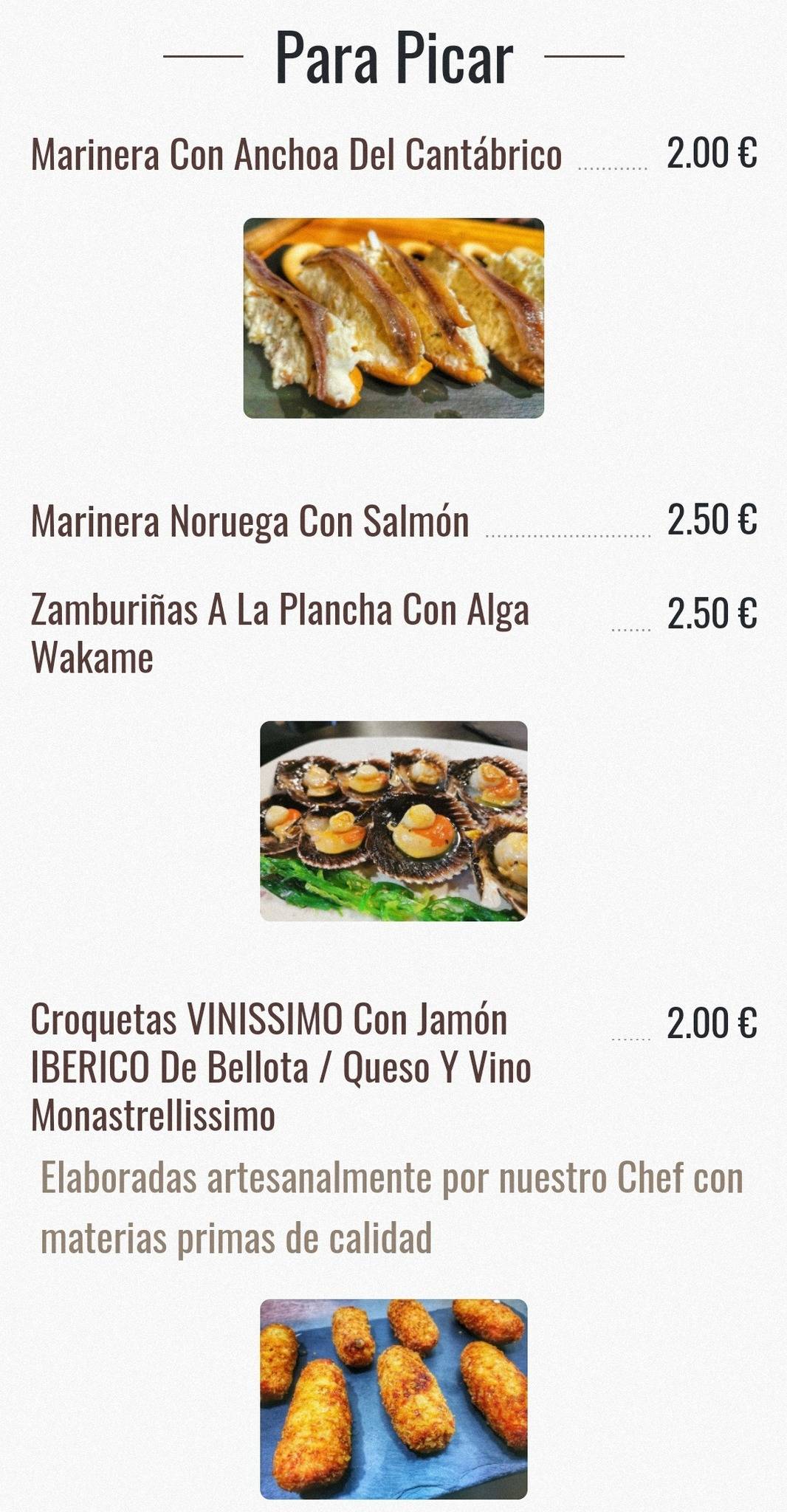 Carta del pub y bar Vinissimo, San Javier
