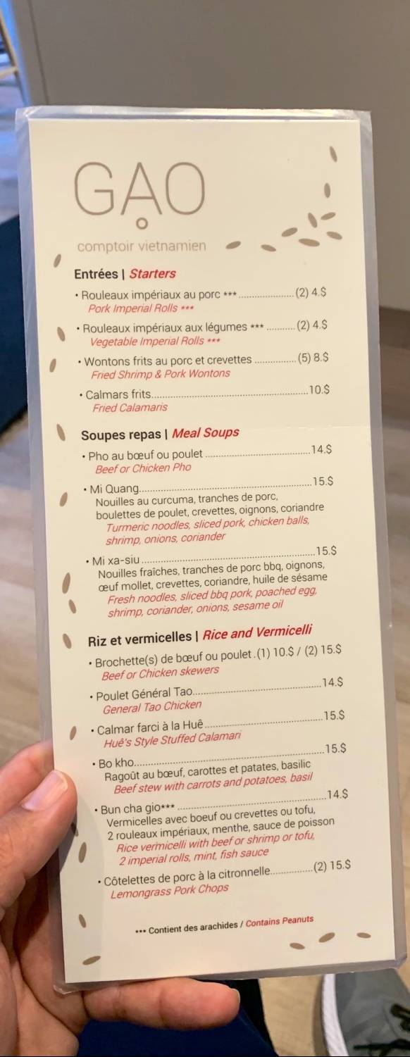 Menu au Gao comptoir vietnamien restaurant, Québec