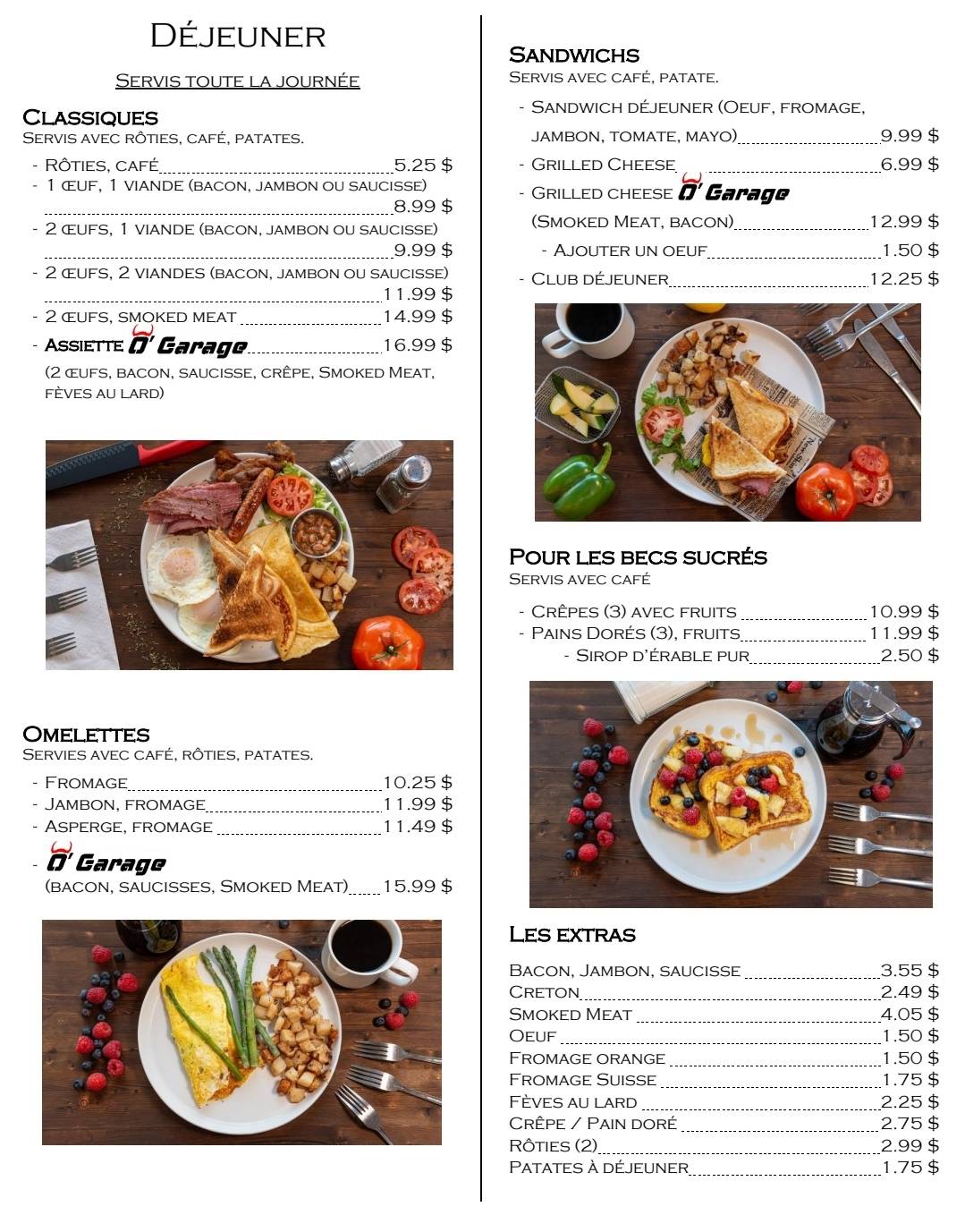 Menu at Resto O' Garage, Smoked Meat & Cie restaurant, Québec City