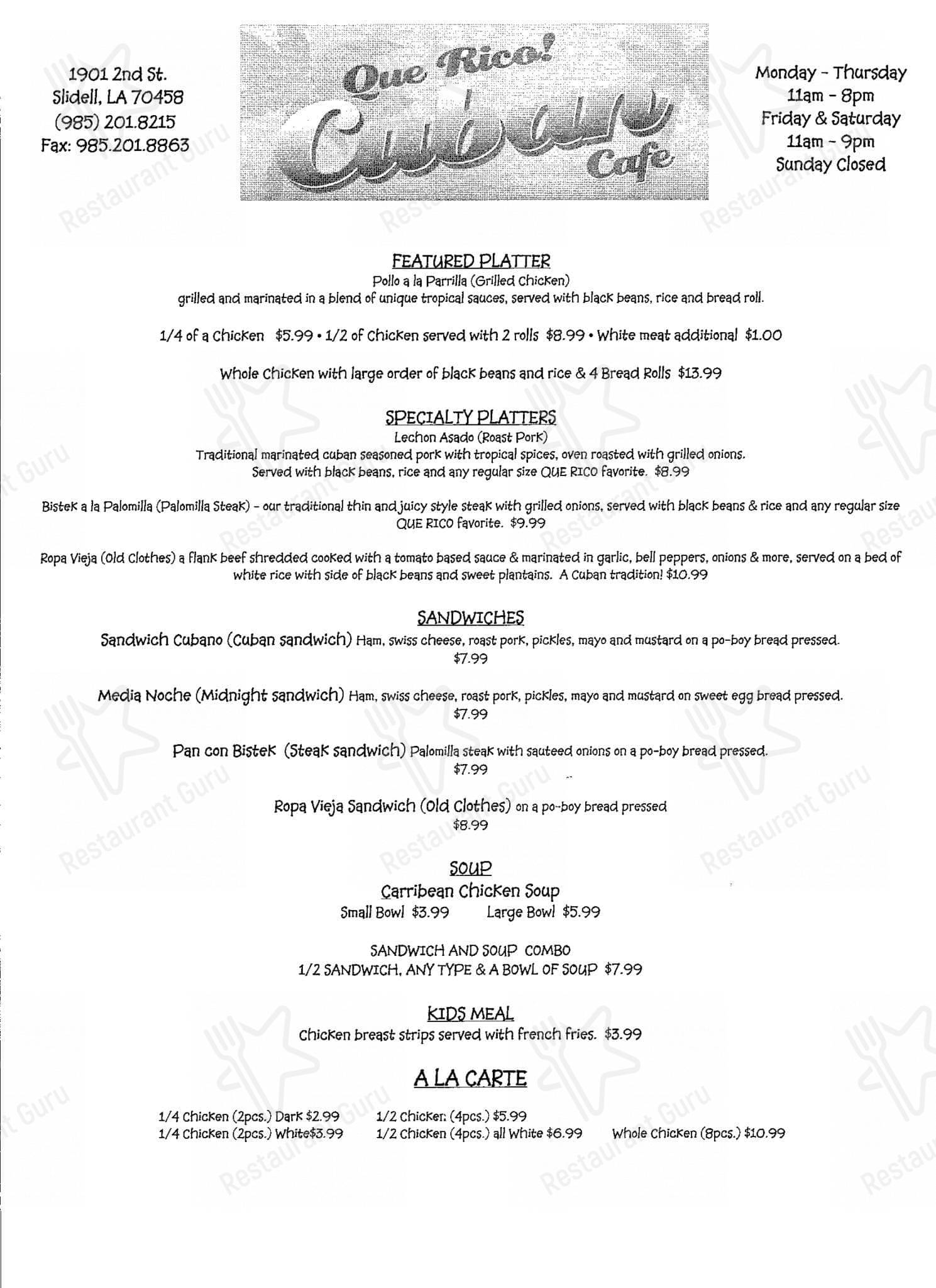 Menu at Que Rico Cuban Cafe, Slidell, Gause Blvd W