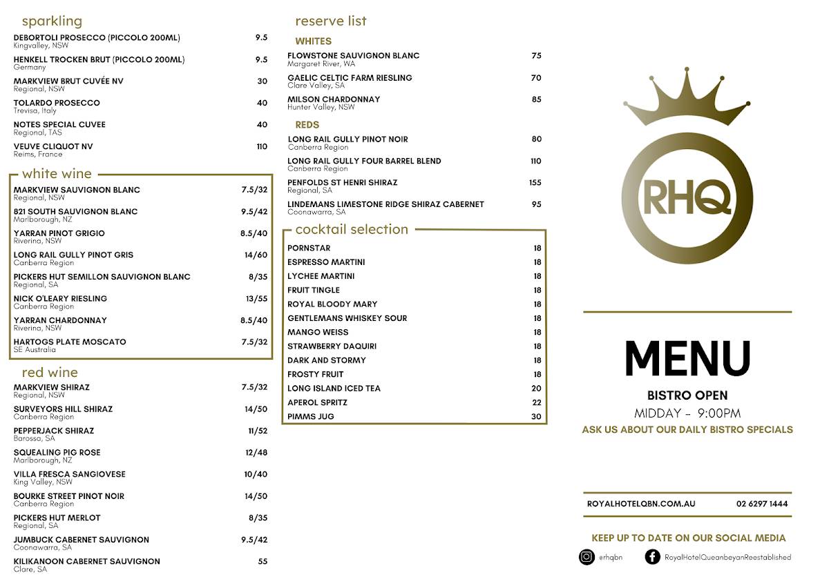 Menu at The Royal Hotel QBN pub & bar, Queanbeyan