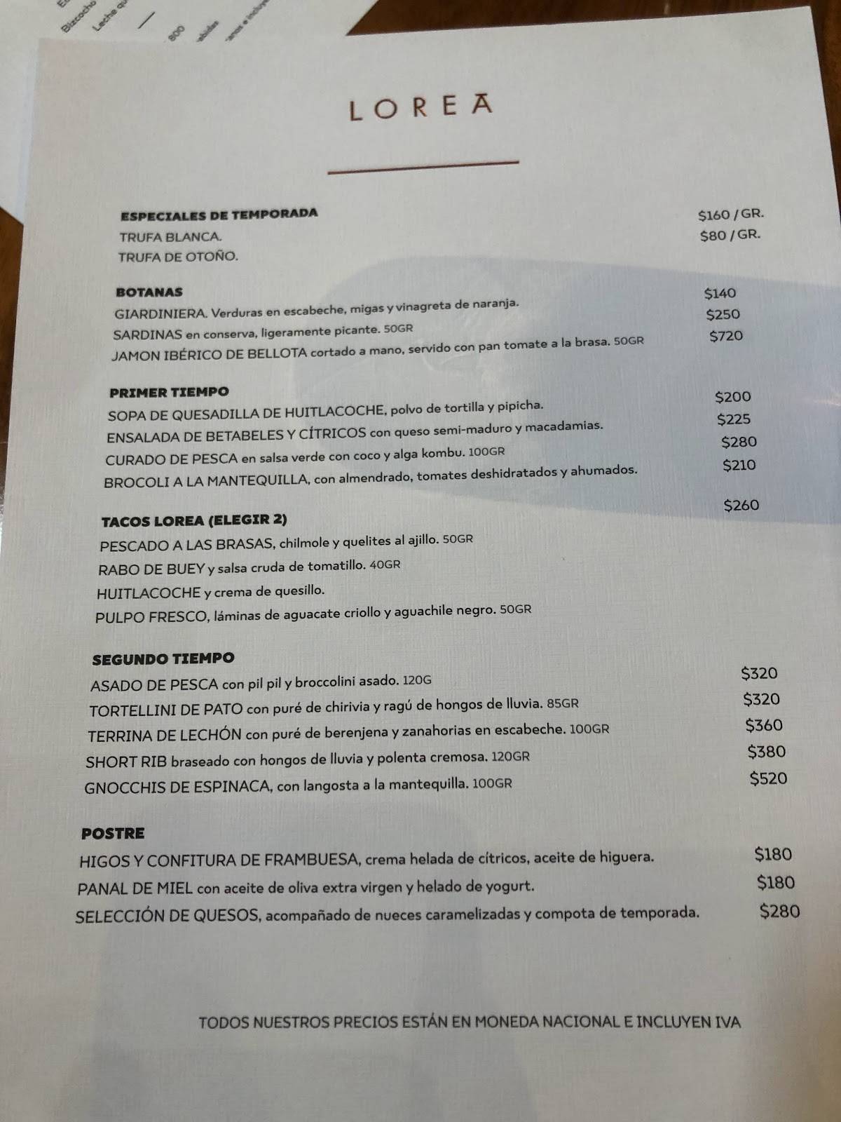 Carta de RESTAURANTE LOREA, Ciudad López Mateos
