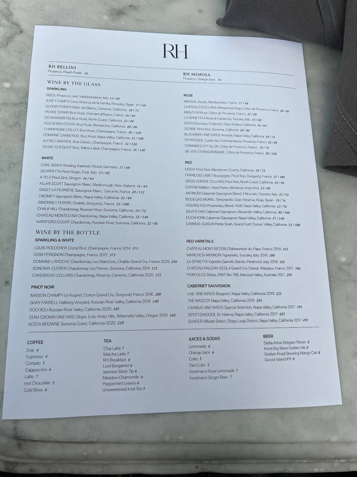 Menu at RH Yountville Restaurant, Yountville