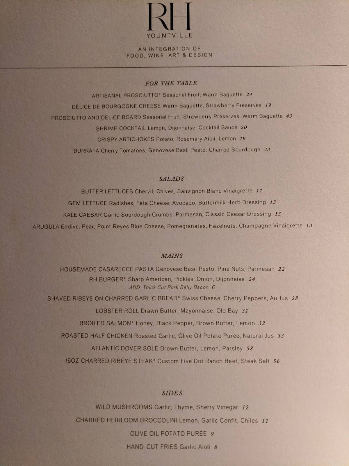 Menu at RH Yountville Restaurant, Yountville