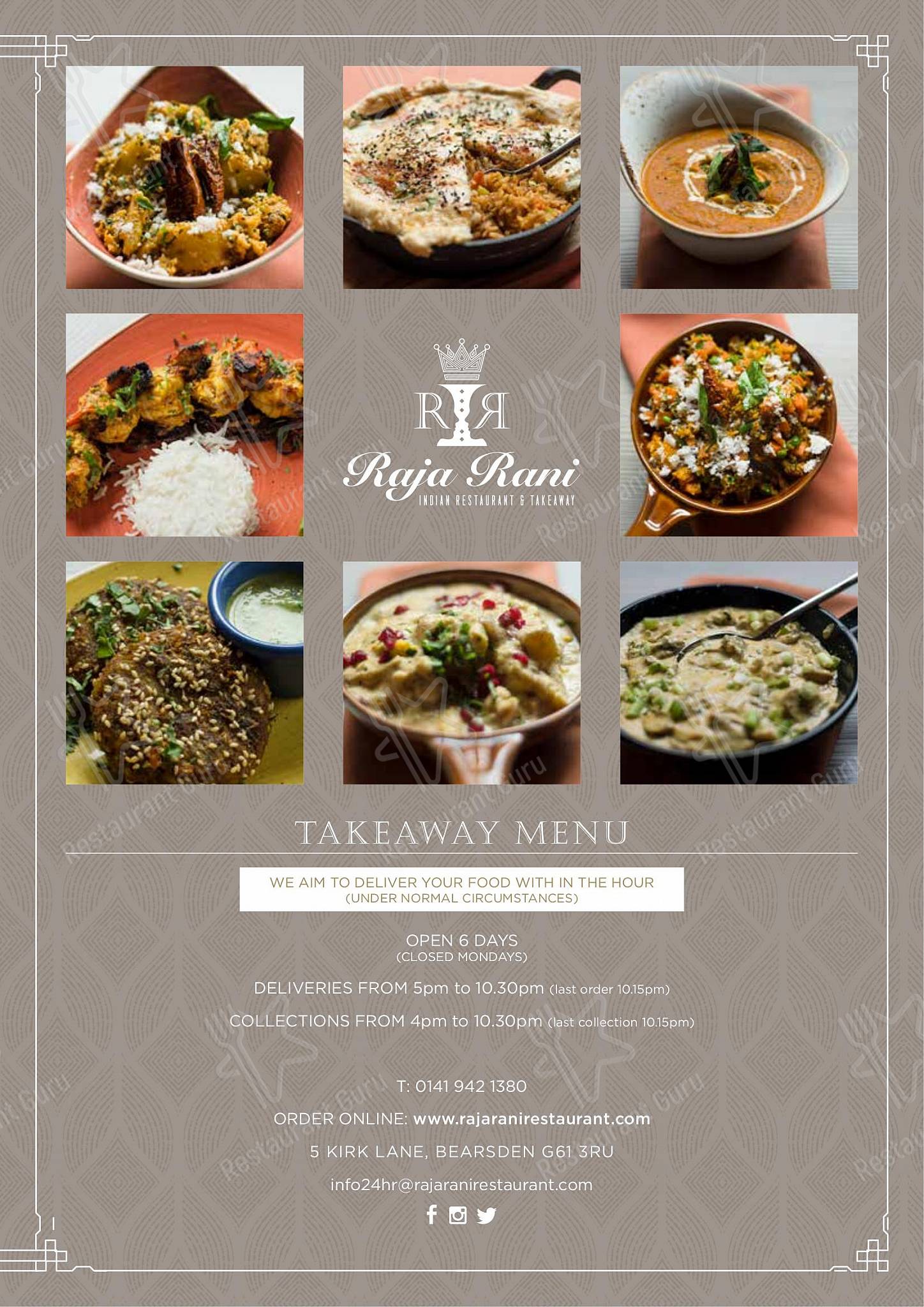 Menu at Raja Rani Restaurant, Glasgow