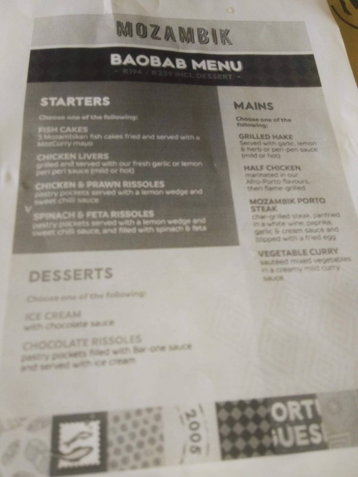 Menu at Mozambik Sunninghill restaurant, Randburg