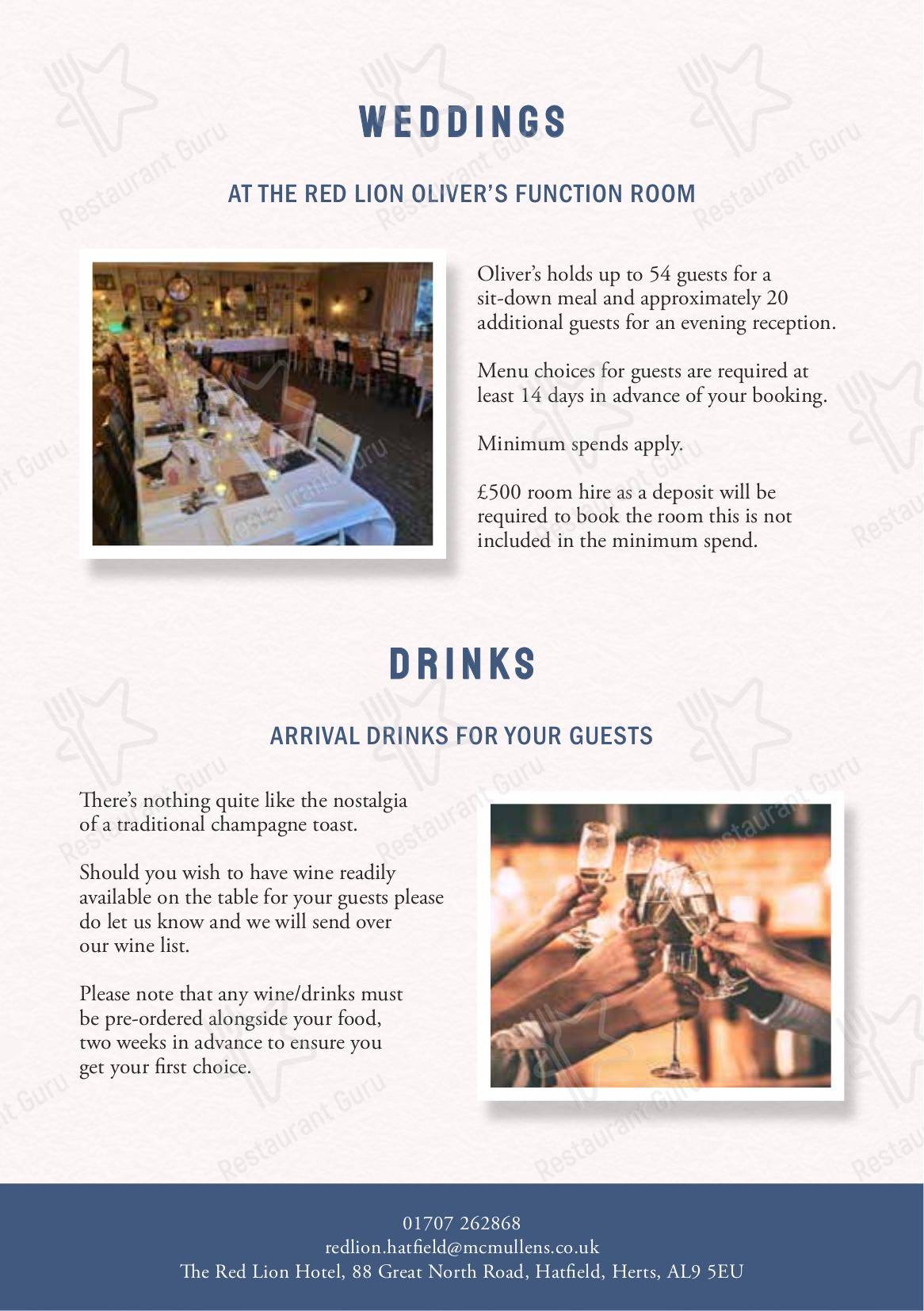 Menu at Red Lion restaurant, Hatfield