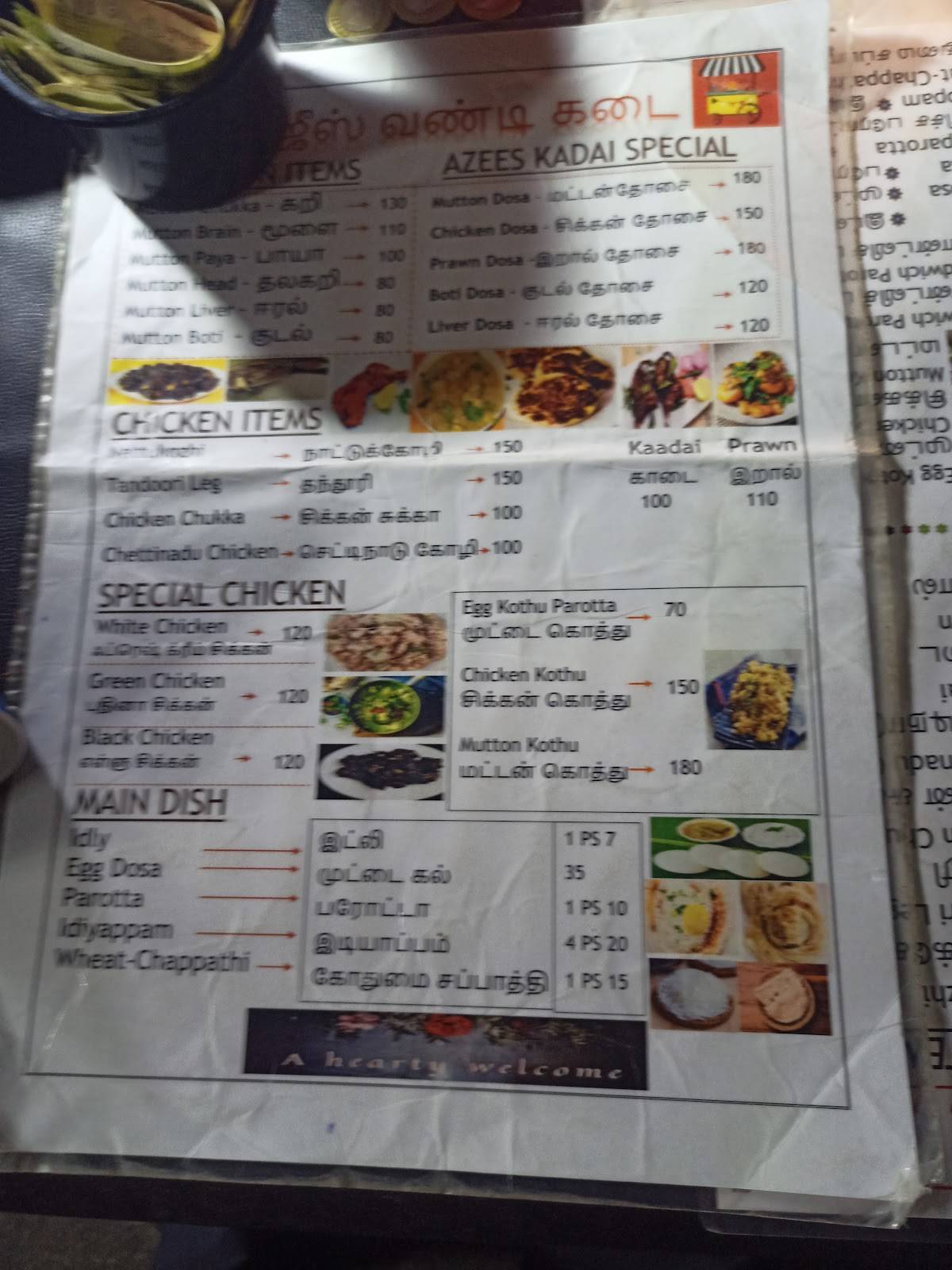 Menu at Azees Bhai Kadai, Chennai