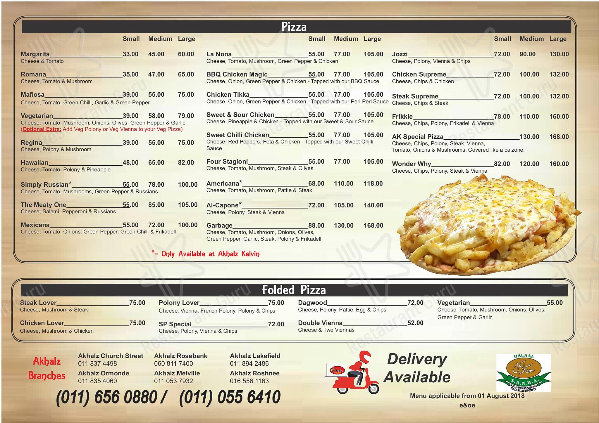 Menu at Akhalz Kelvin (Akhalwayas) restaurant, Johannesburg