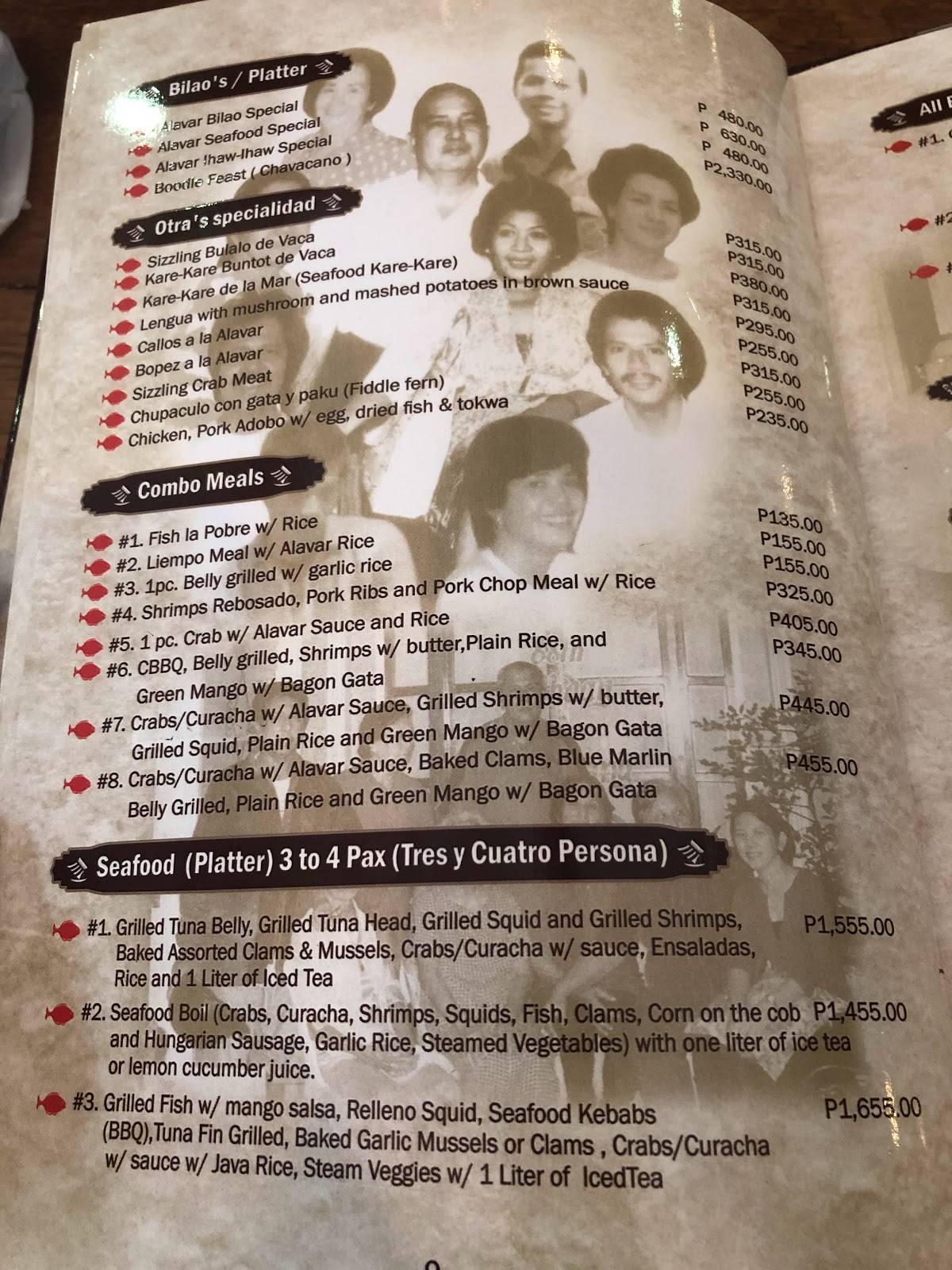 Menu at Alavar Seafood Restaurant, Zamboanga, 173 Don Alfaro St