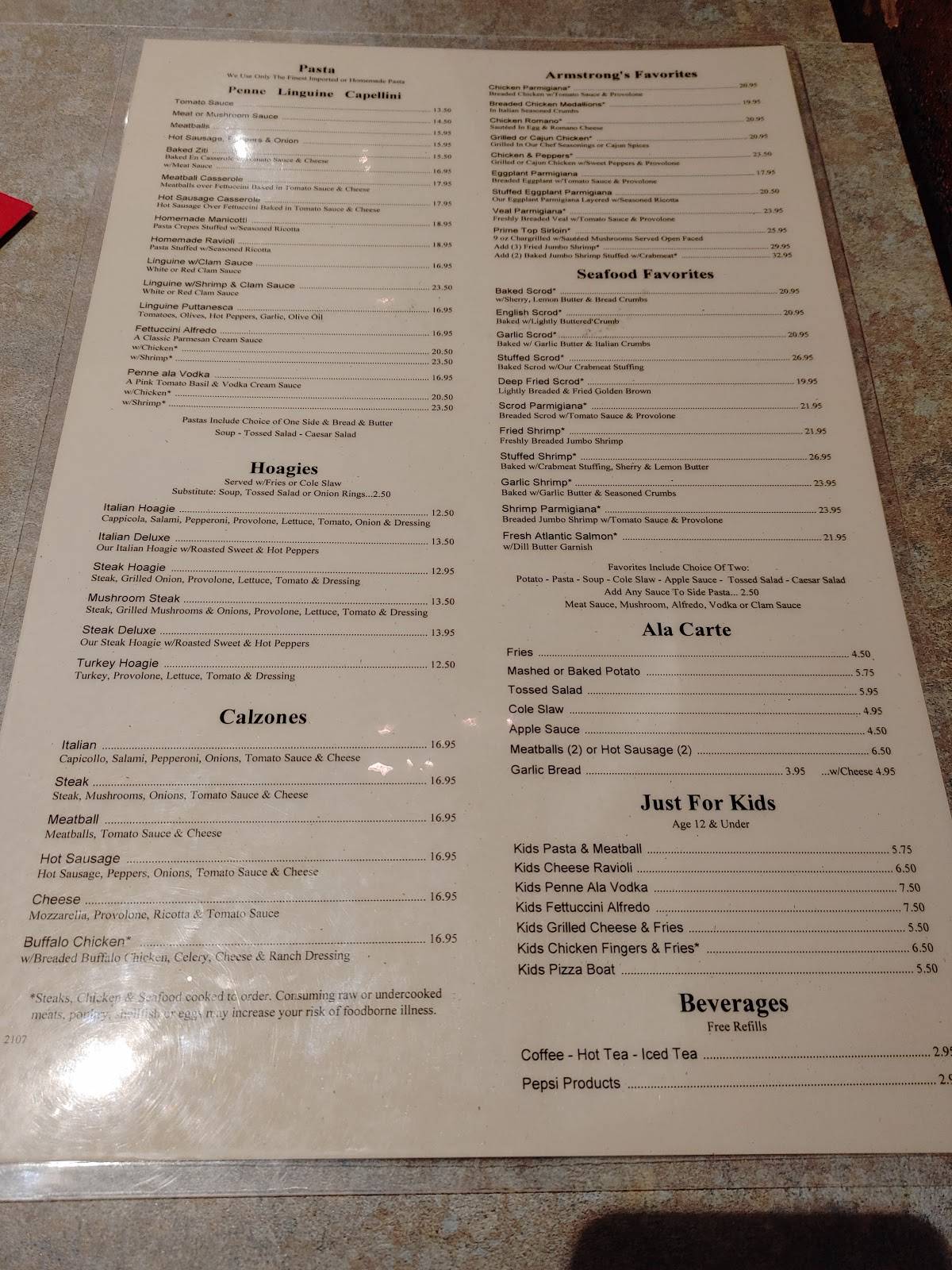 Menu at Armstrong's restaurant, Pittsburgh