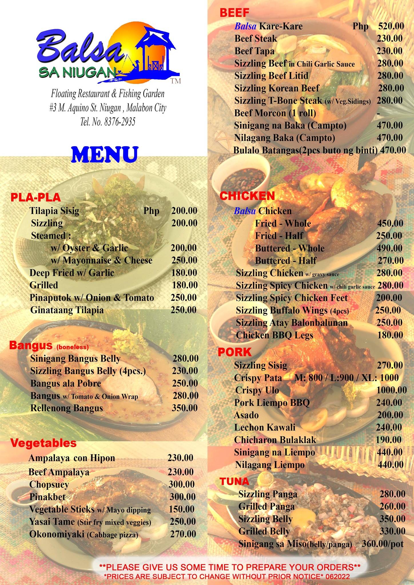 Menu at Balsa sa Niugan restaurant, Malabon