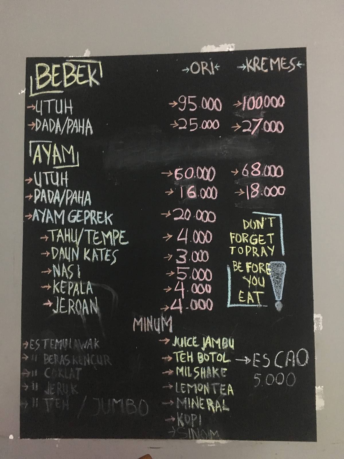 Carta del restaurante Bebek Goreng H. Slamet (Asli) kayoon, Surabaya