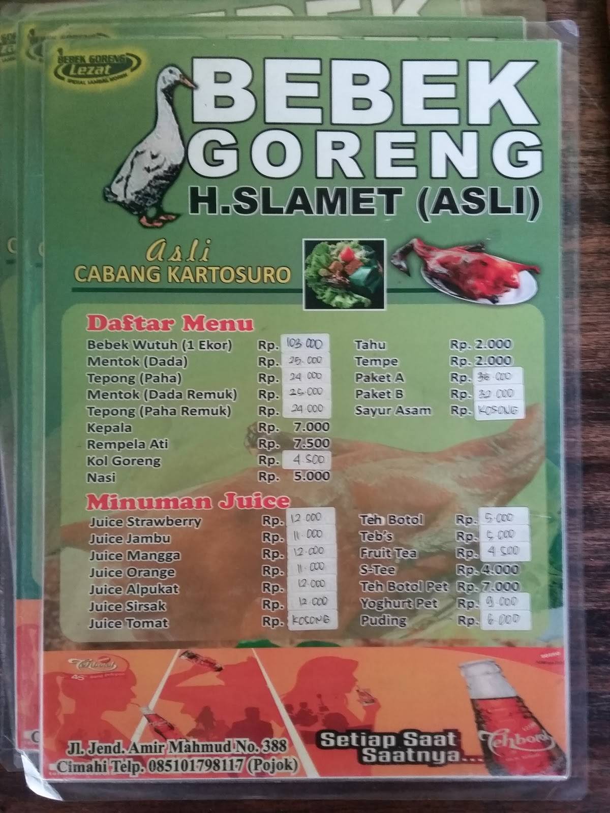 Menu at Bebek Goreng Haji Slamet (Asli) Cimahi restaurant, Cimahi