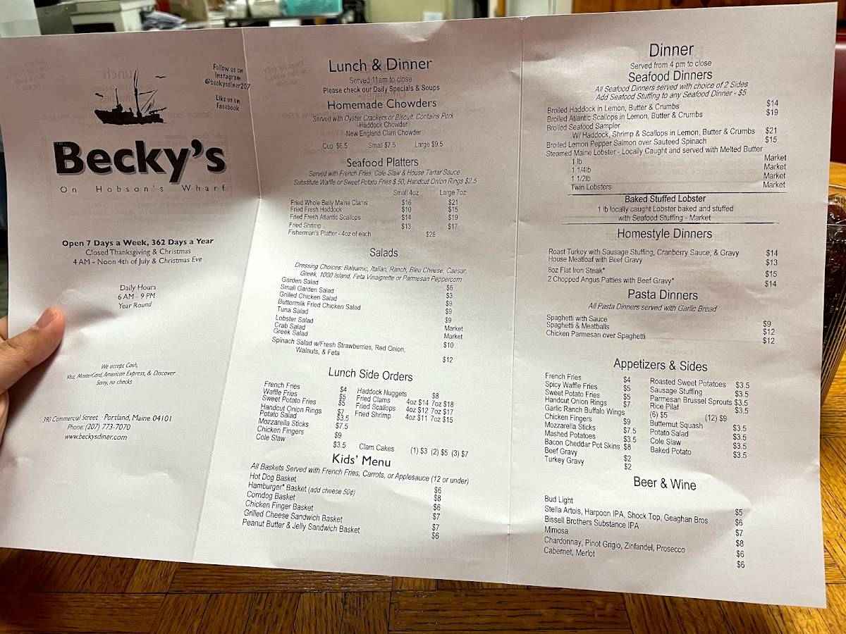 Menu at Becky's Diner restaurant, Portland
