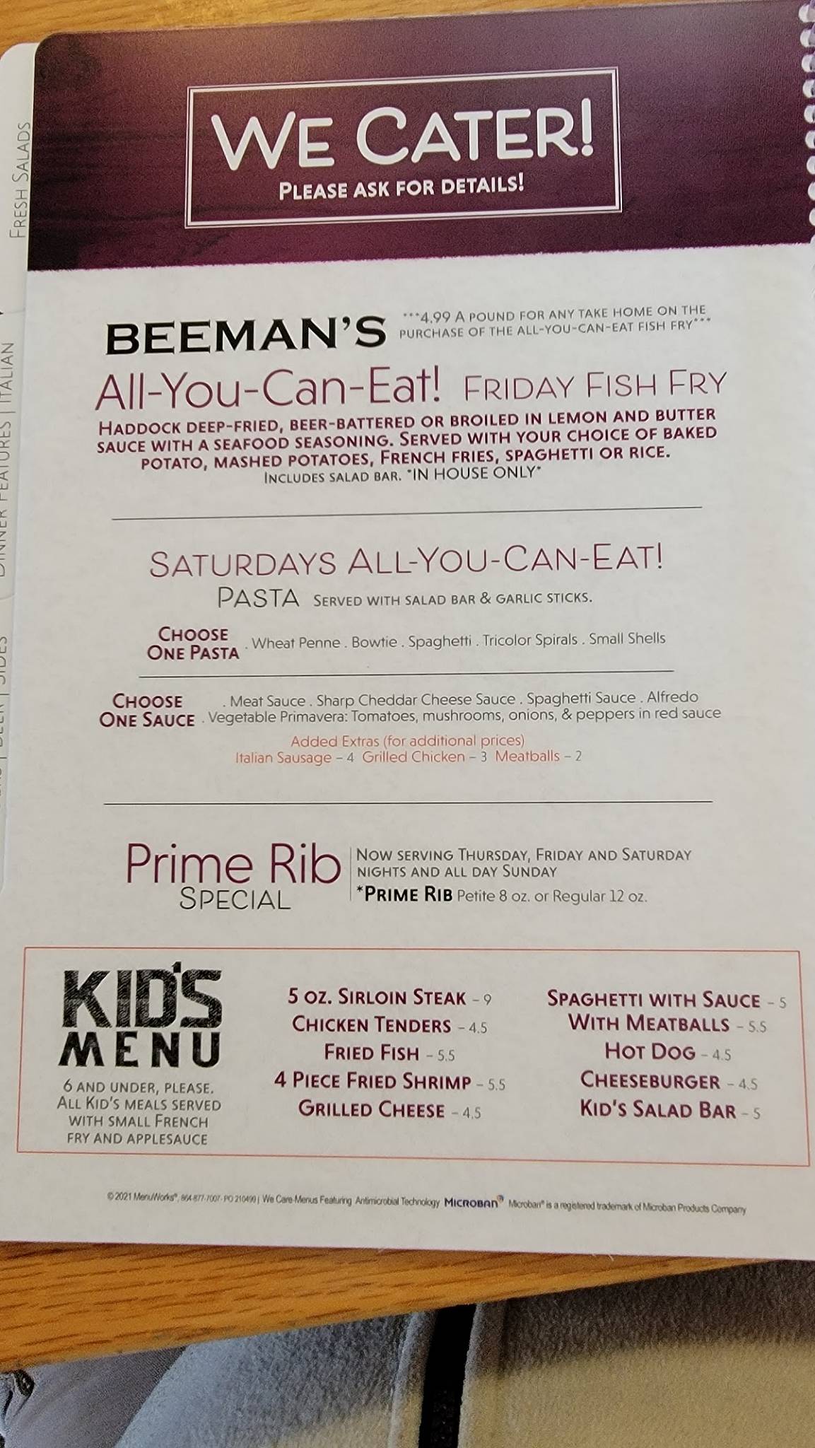 Menu at Beeman's restaurant, Sayre