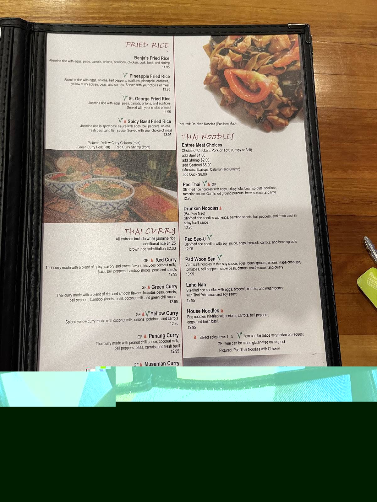 Menu at Benja's Thai Garden restaurant, St. George