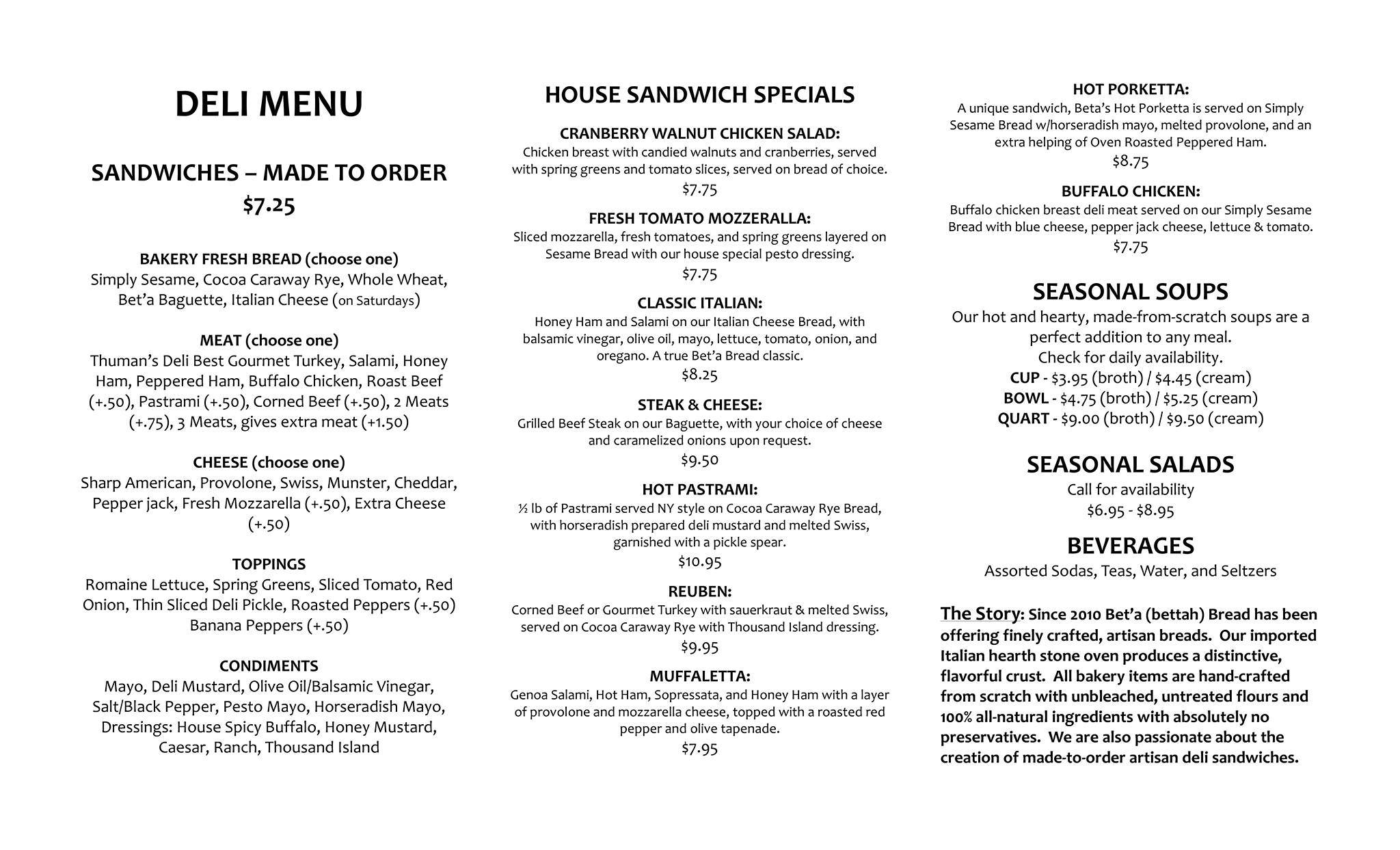 Menu at Beta Bread Bakery, Clarks Summit