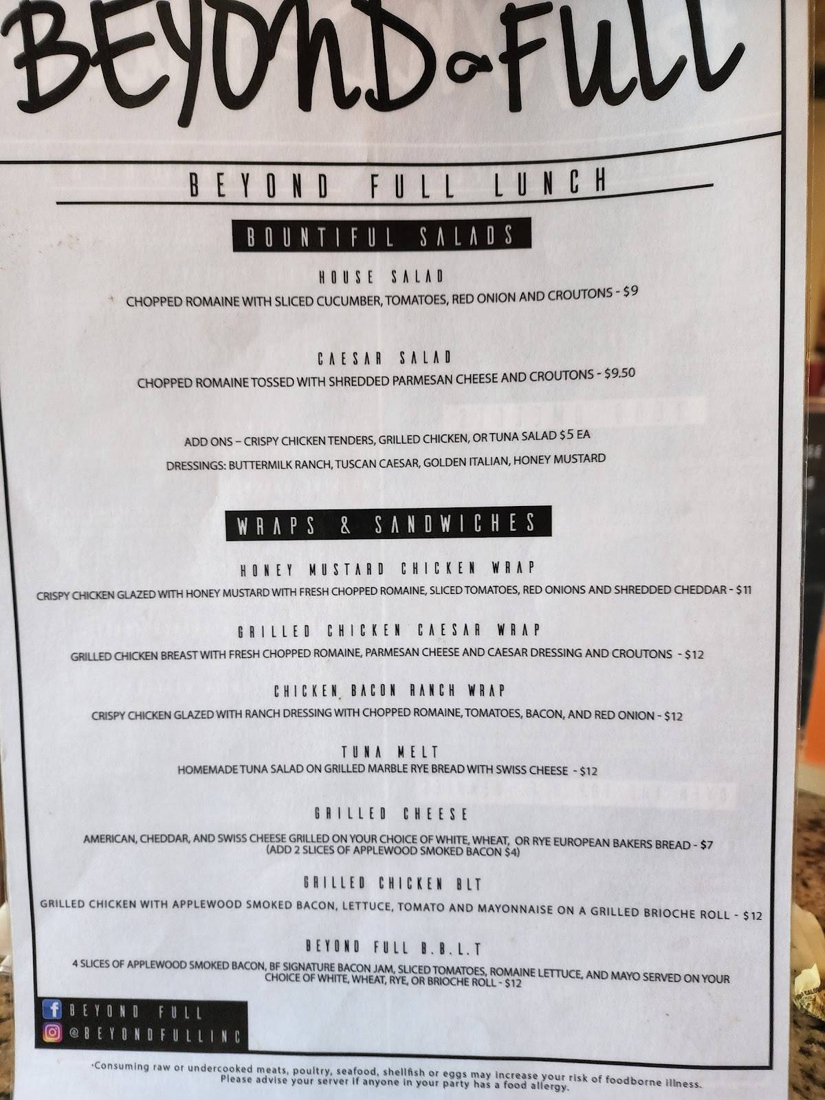 Menu at Beyond Full restaurant, Hopedale