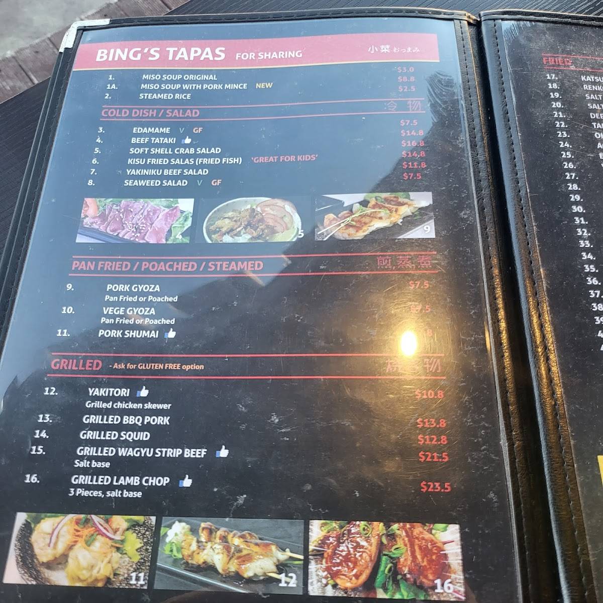 Menu at Bing’s Nomiya restaurant, Mackay