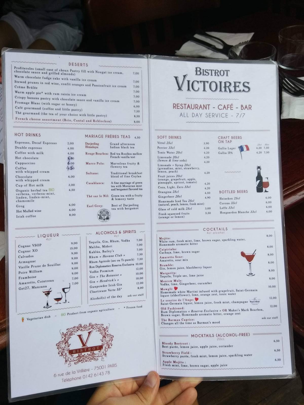 Menu at Bistrot Victoires restaurant, Paris, 6 Rue de la Vrillière