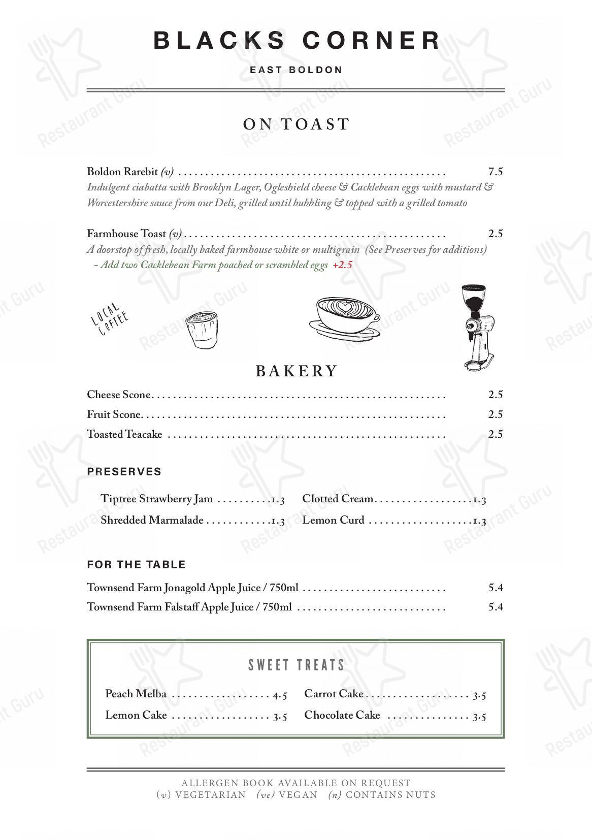Menu at Blacks Corner restaurant, East Boldon
