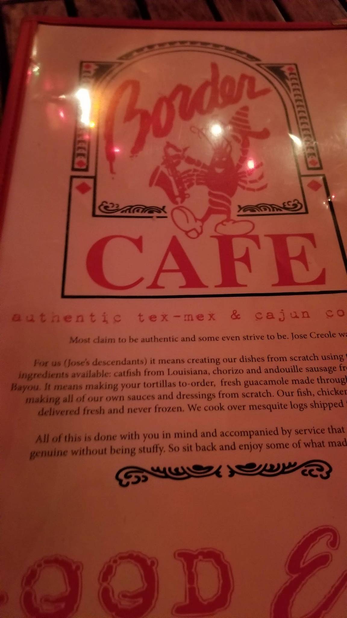 Menu at Border Cafe, Burlington