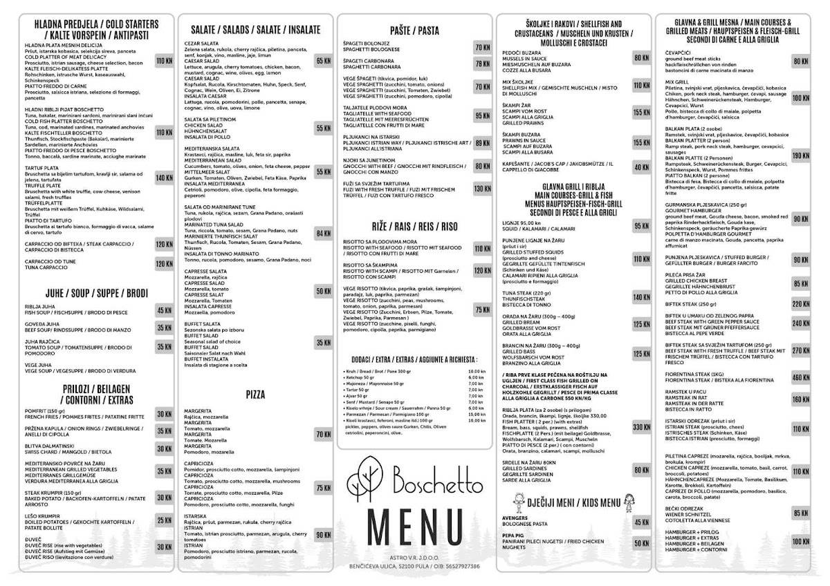 Menu au Restaurant Boschetto, Pula