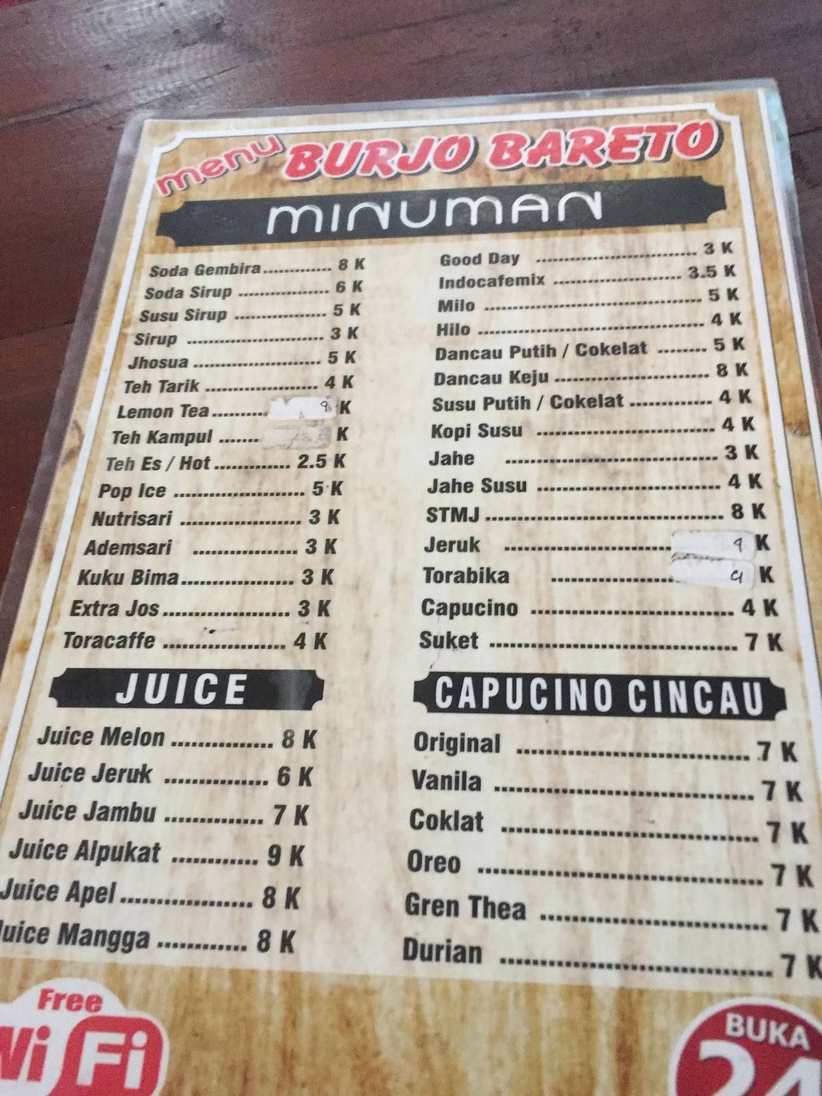 Menu at Burjo Bareto, Gonilan