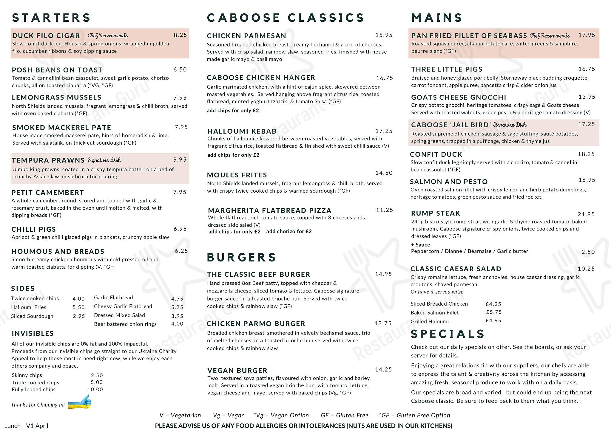 Menu at Caboose at Blyth Boathouse restaurant, Blyth