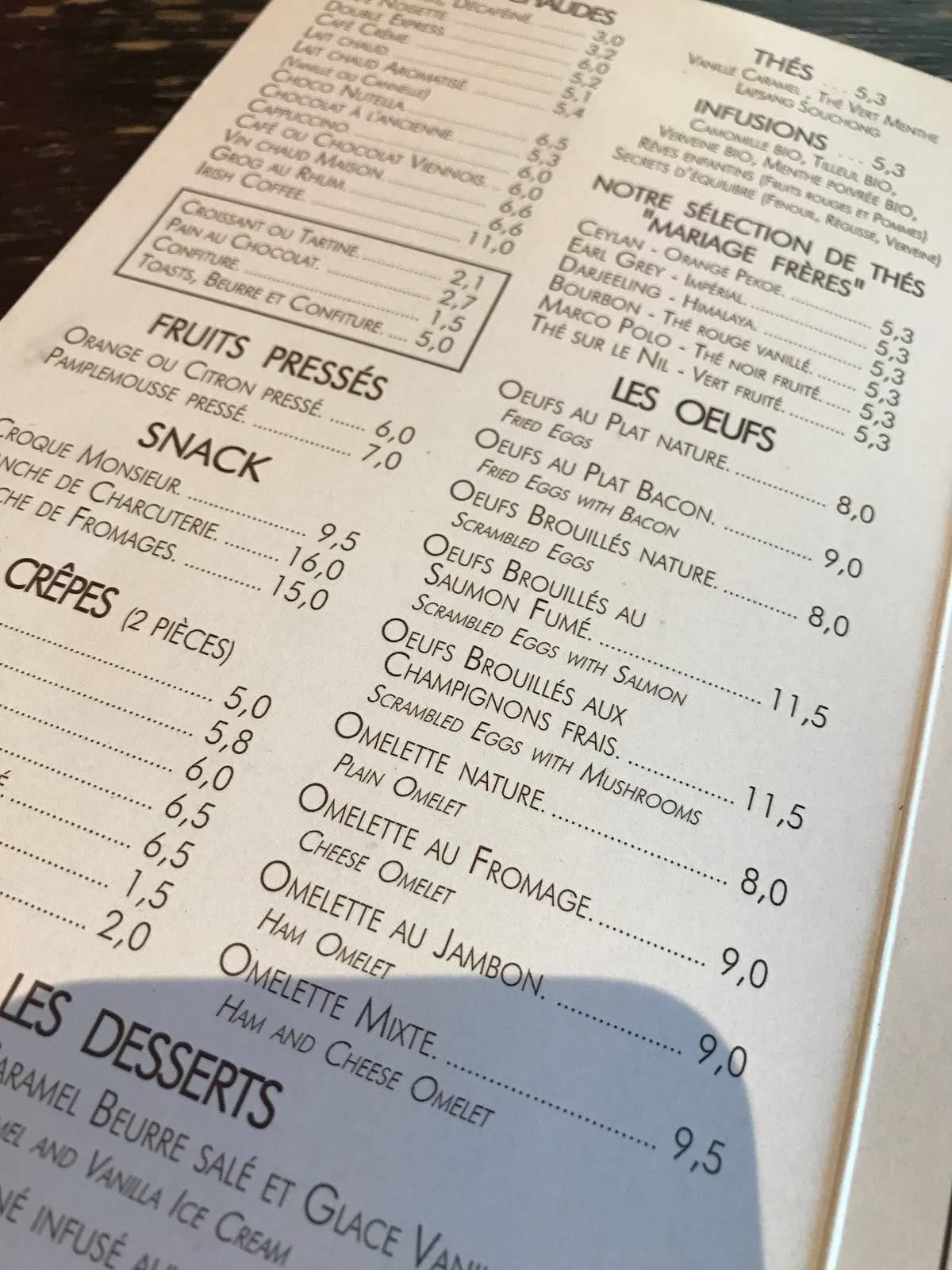 Menu at Café Latéral, Paris